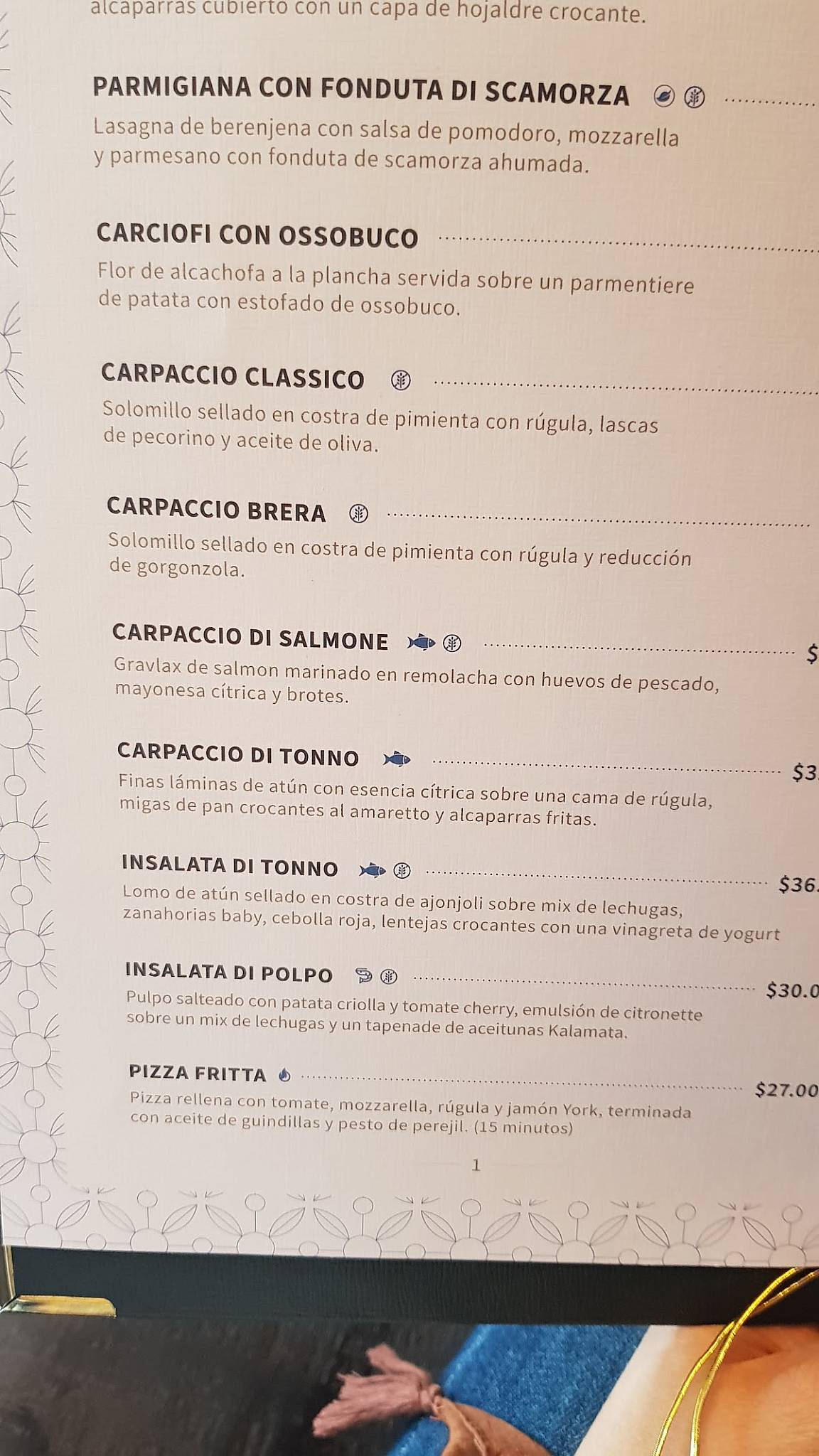 Carta de Brera Italian Restaurant & Wine Bar, Bogotá