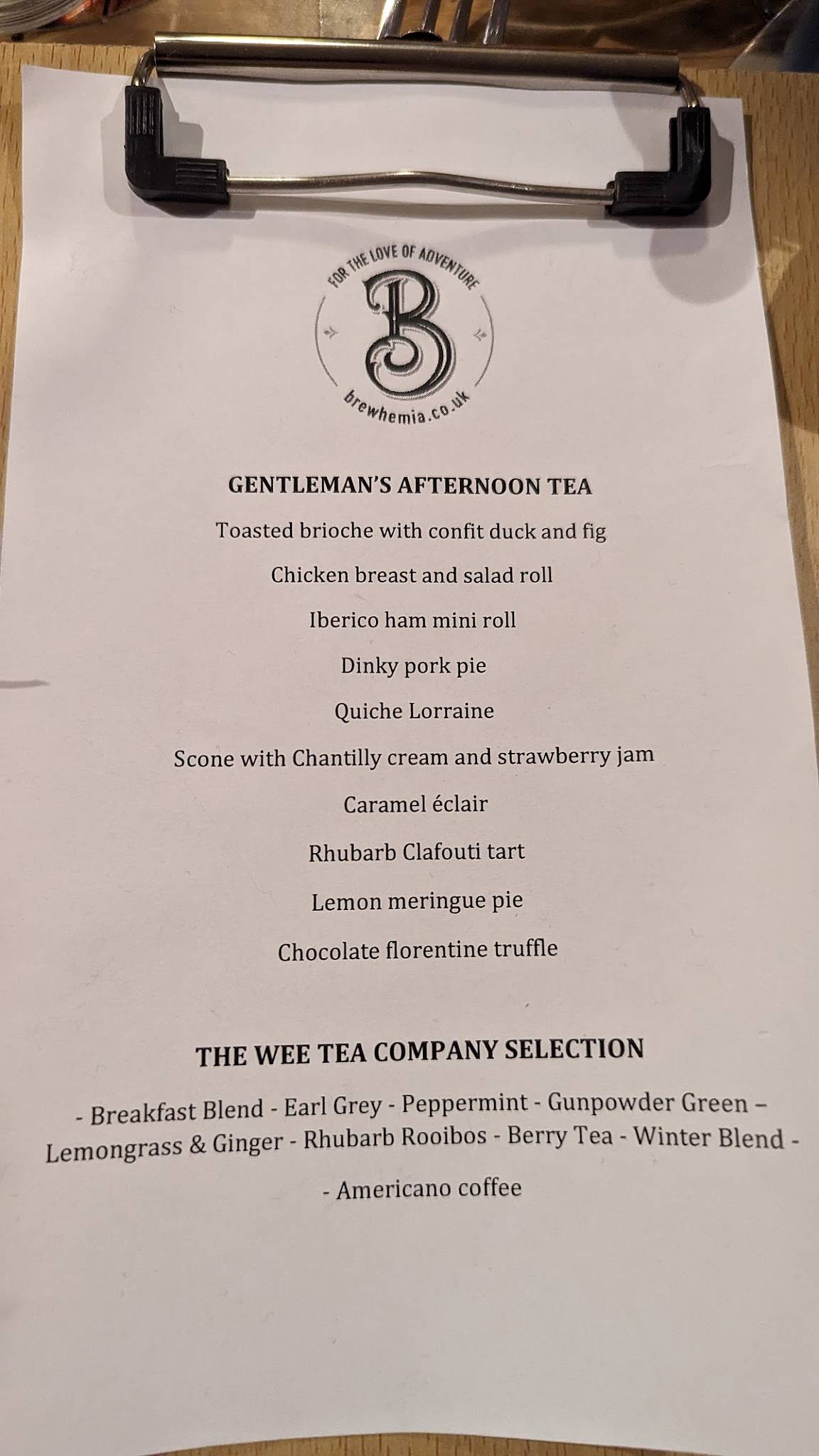 Menu at Brewhemia restaurant, Edinburgh