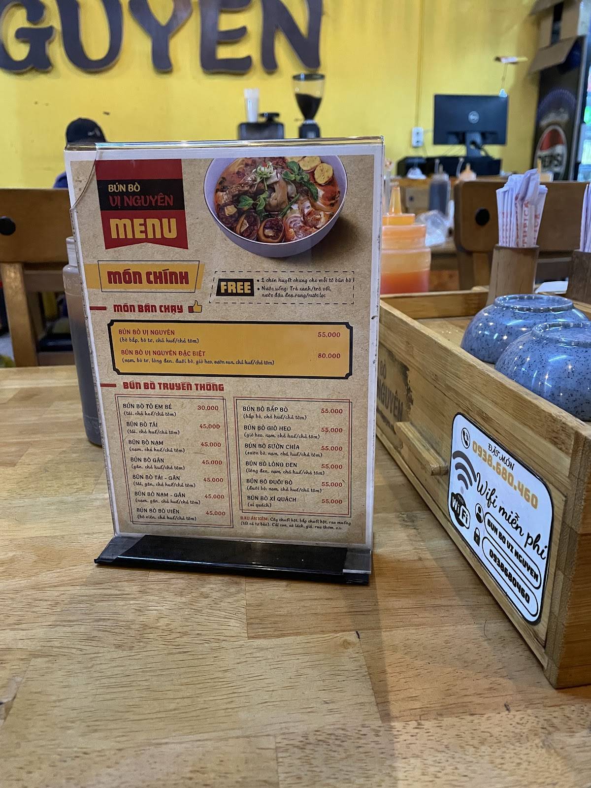 Menu at Bún bò Vị Nguyên restaurant, Ho Chi Minh City