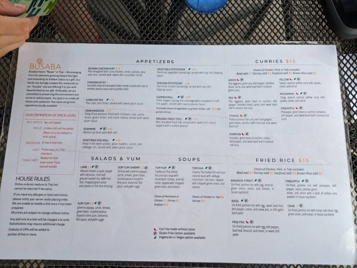 Menu at Busaba restaurant, Louisville