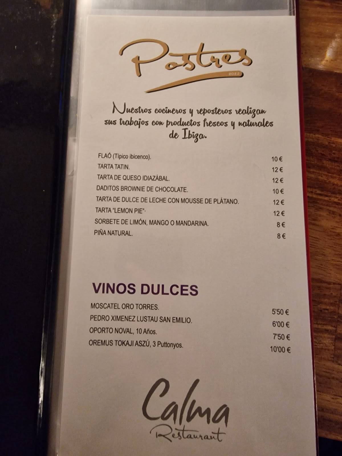 Menu at Calma restaurant, Ibiza