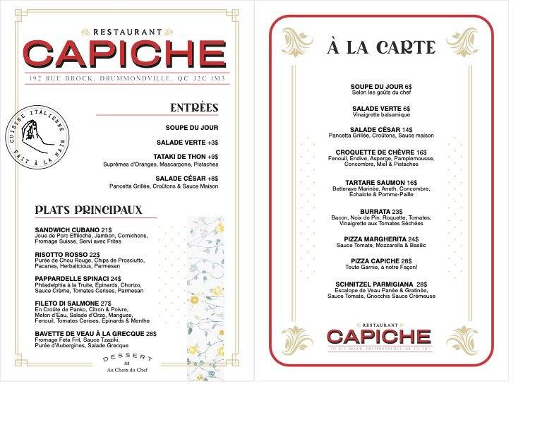 Menu au Restaurant Capiche, Drummondville