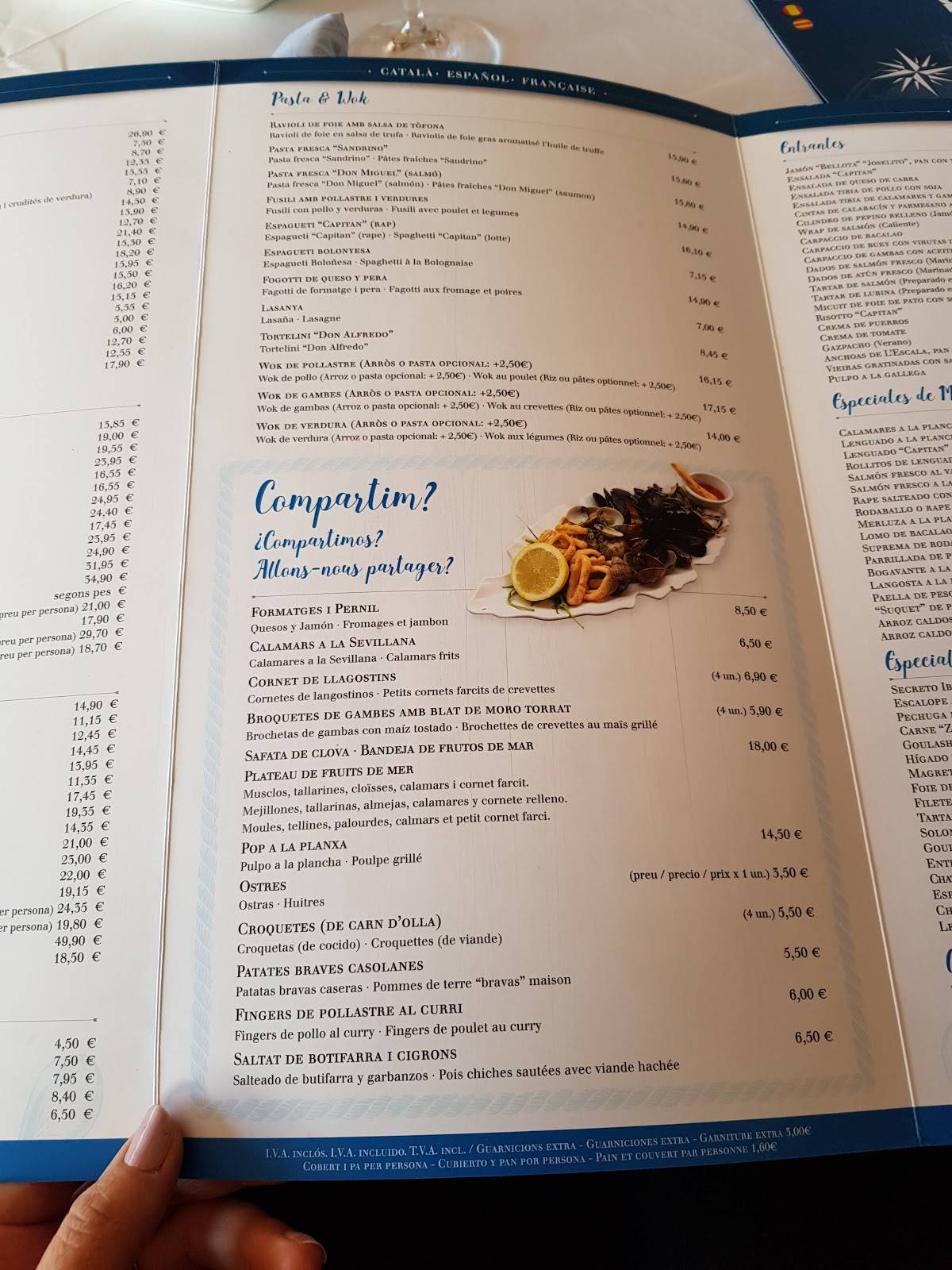 Carta de Restaurant Capitán, Ampuriabrava, Carrer Salins 4ª Línea