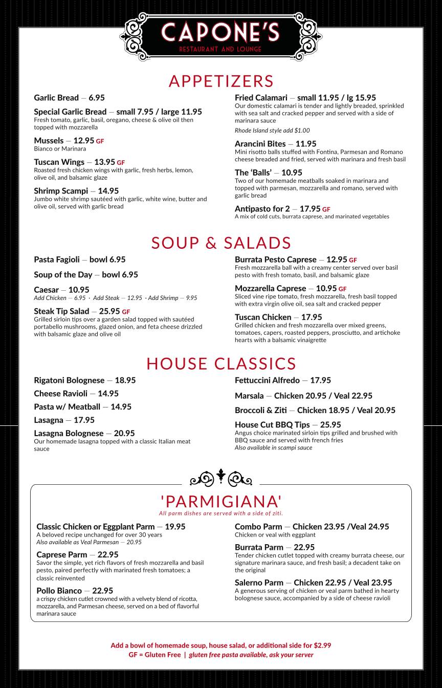 Menu at Capone's Restaurant & Lounge, Peabody