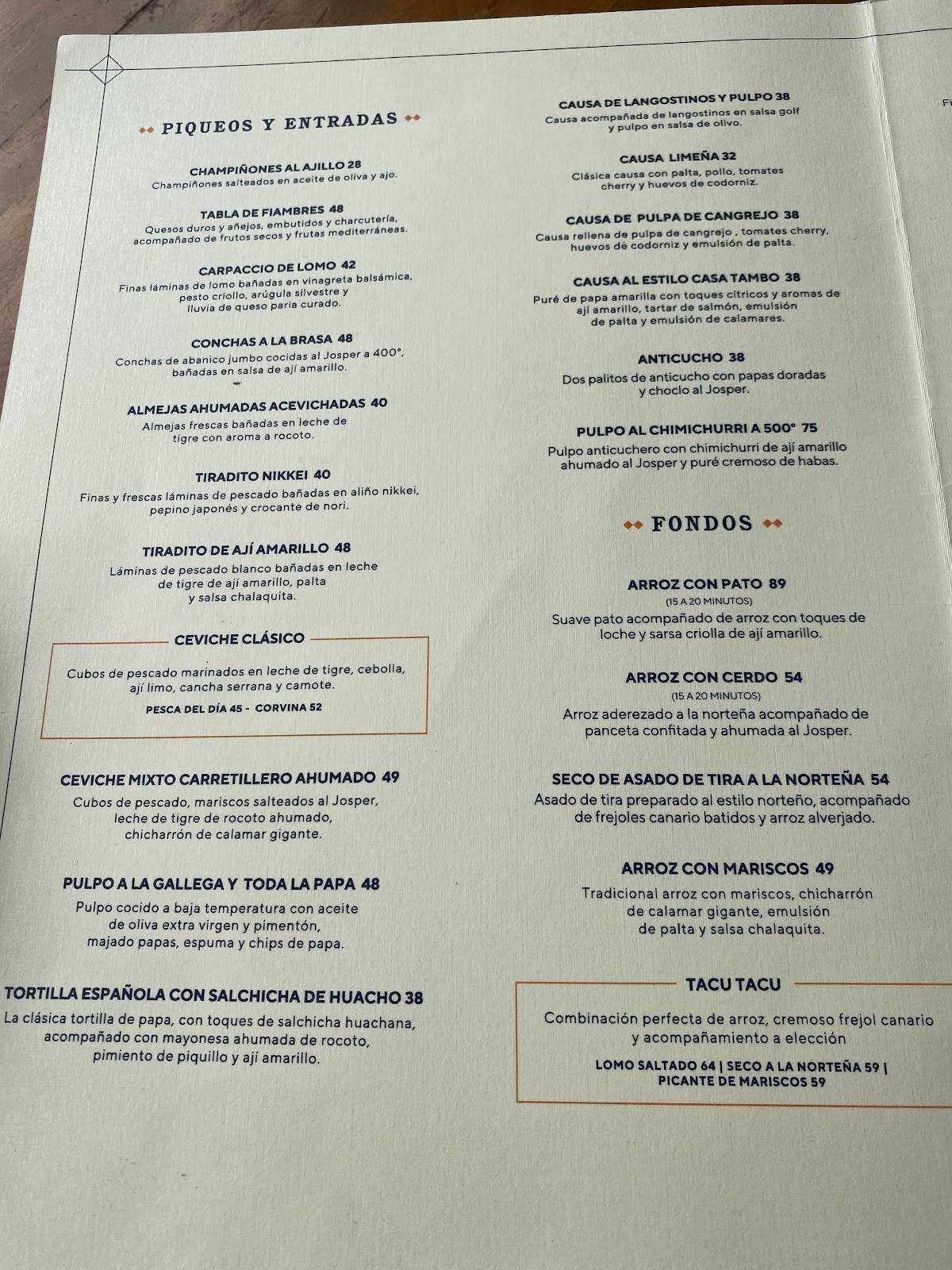 Carta de Casa Tambo Restaurant, Lima