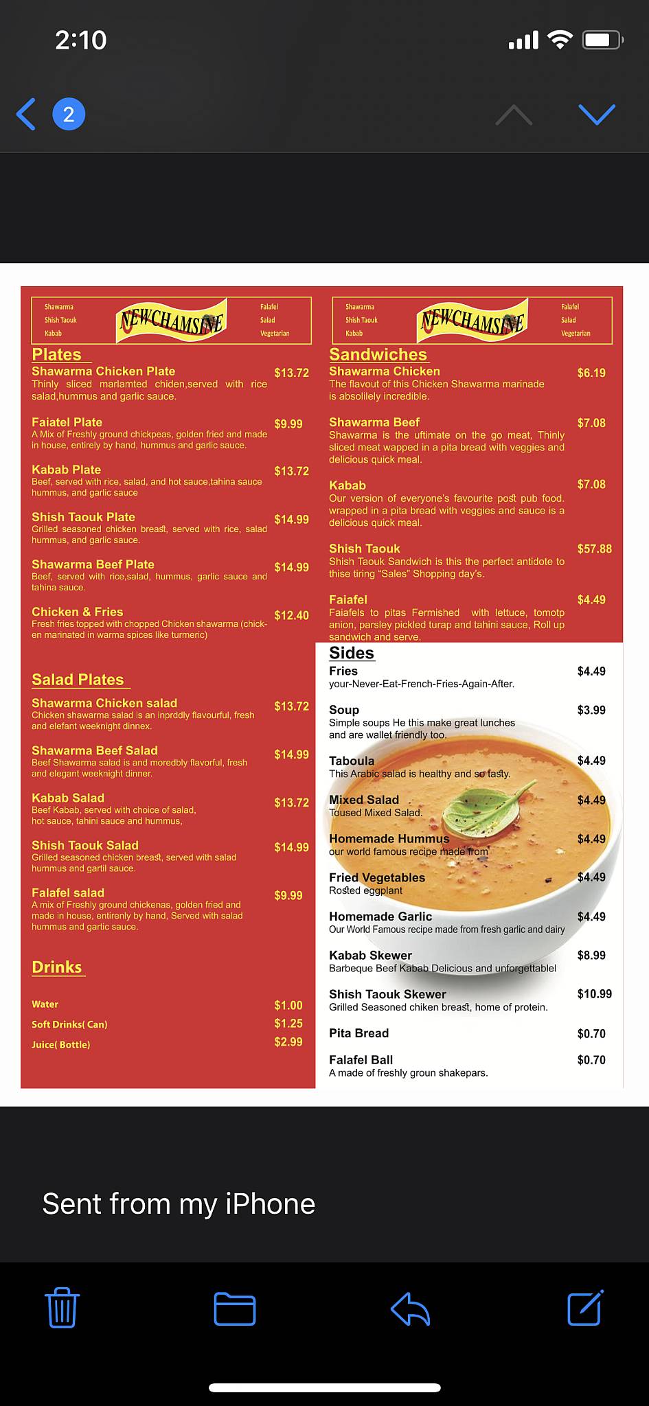 Menu at New Chamsine restaurant, Toronto, 235 Queen St E