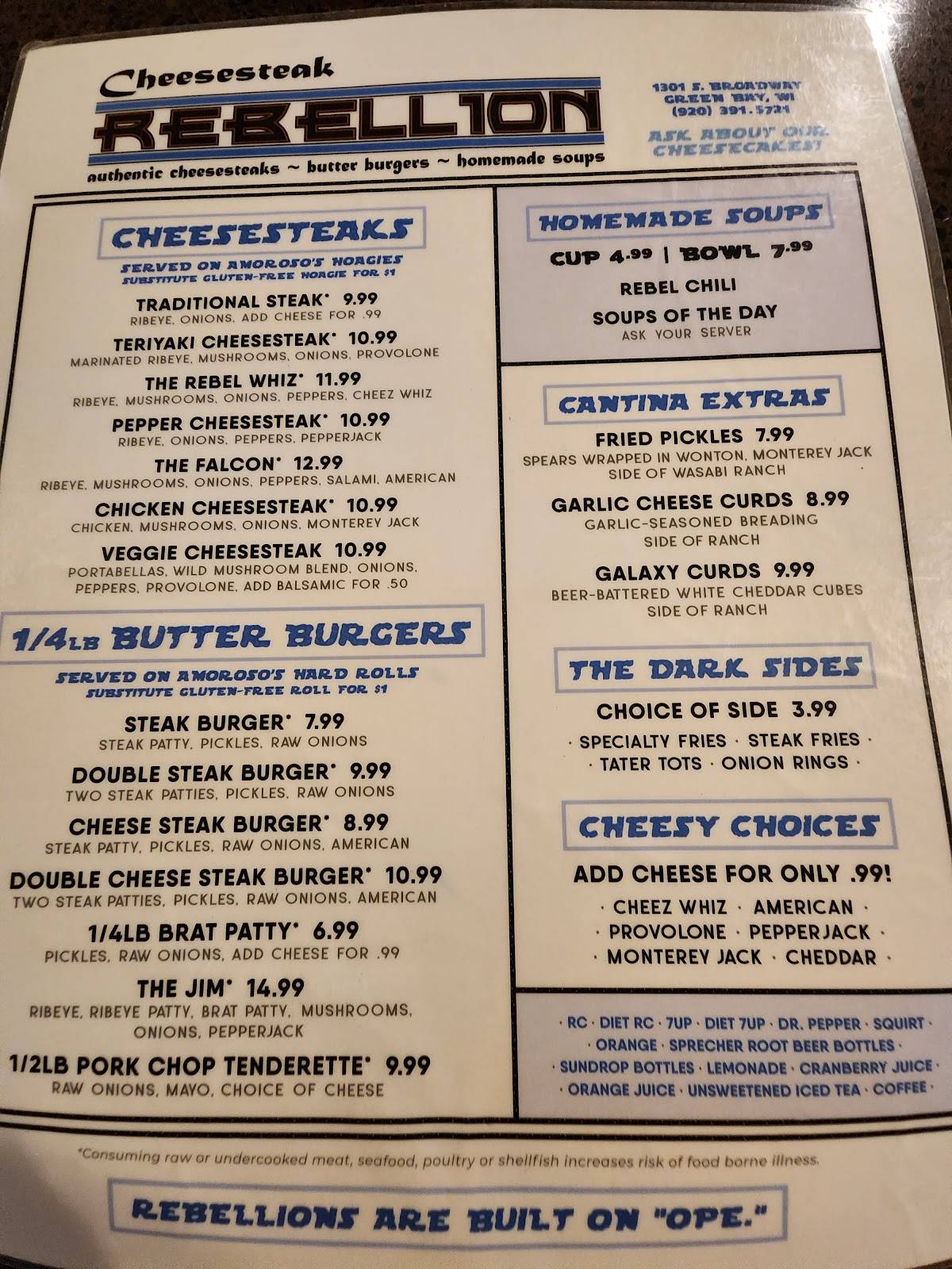 Menu at Cheesesteak Rebellion restaurant, Green Bay