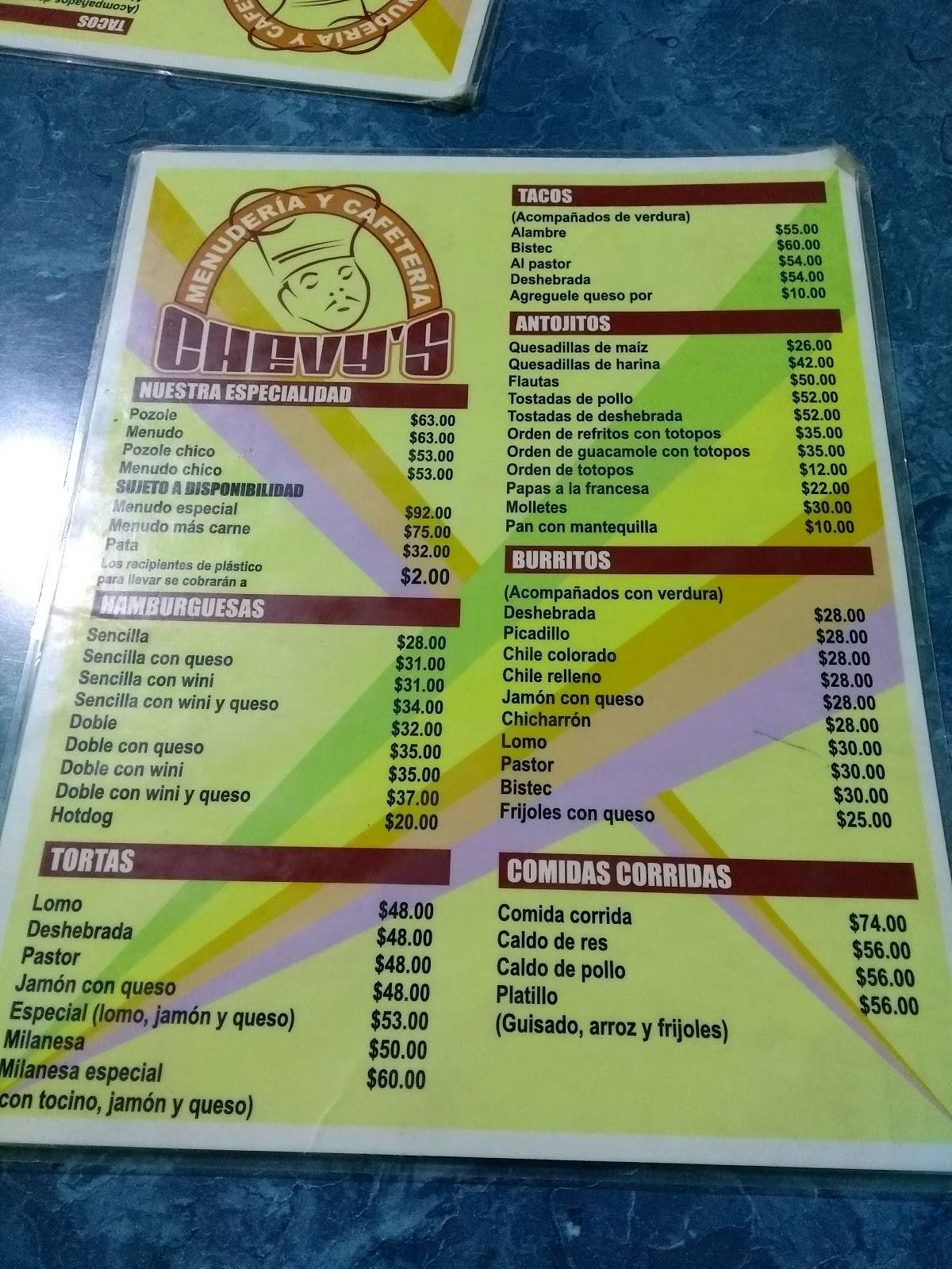 Carta de Chevys: Cafeteria y Menuderia, Chihuahua