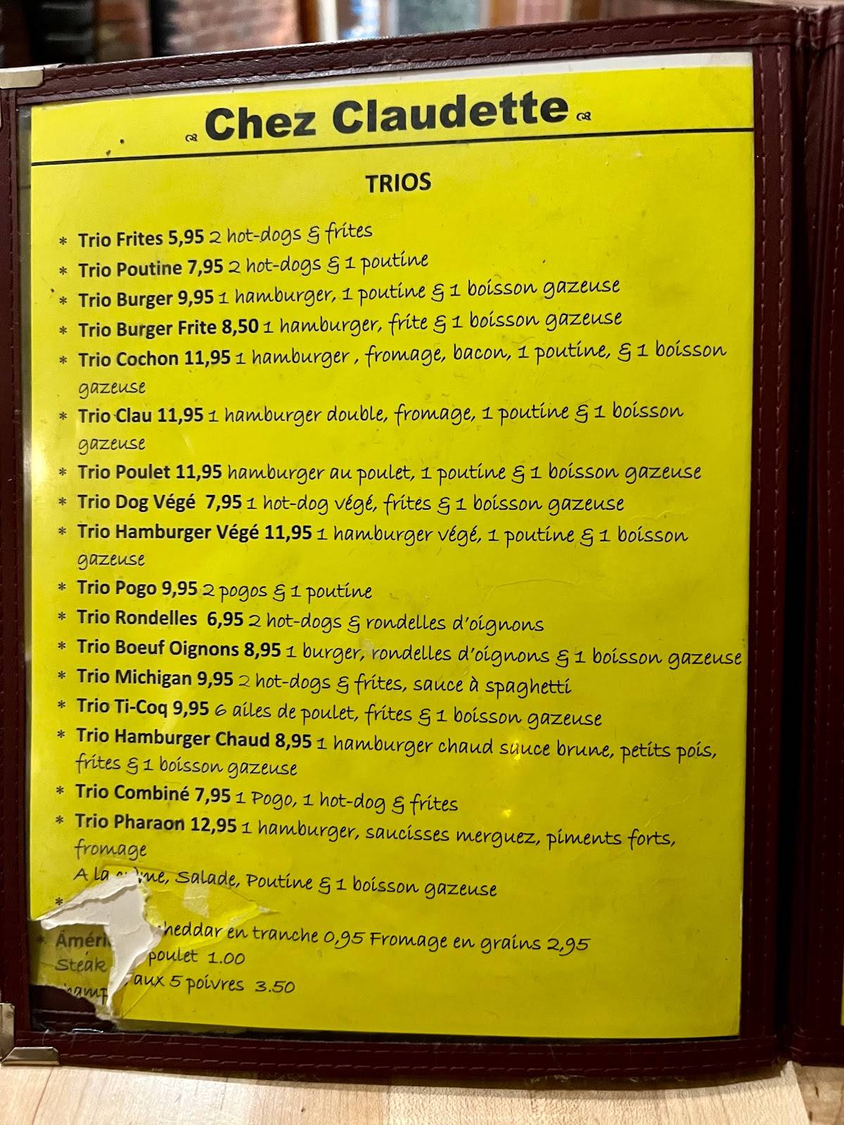 Menu at Restaurant Chez Claudette, Montréal