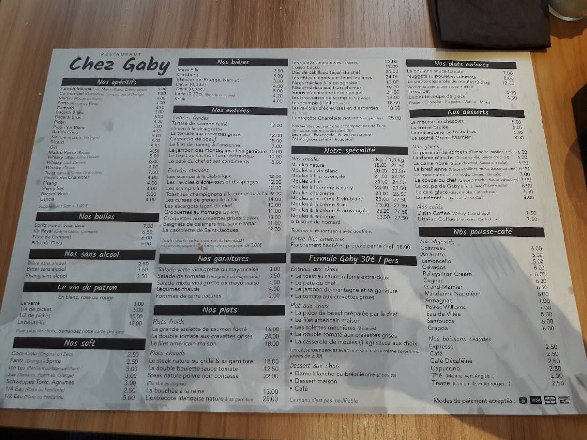 Menu au Chez Gaby Wépion, Namur, Chau. de Dinant 930
