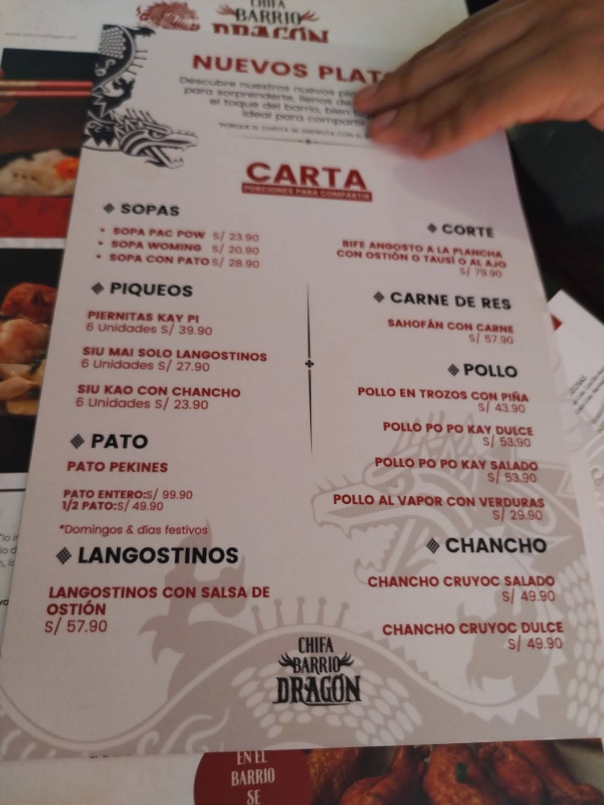 Carta de Chifa Barrio Dragón - Miraflores, Miraflores