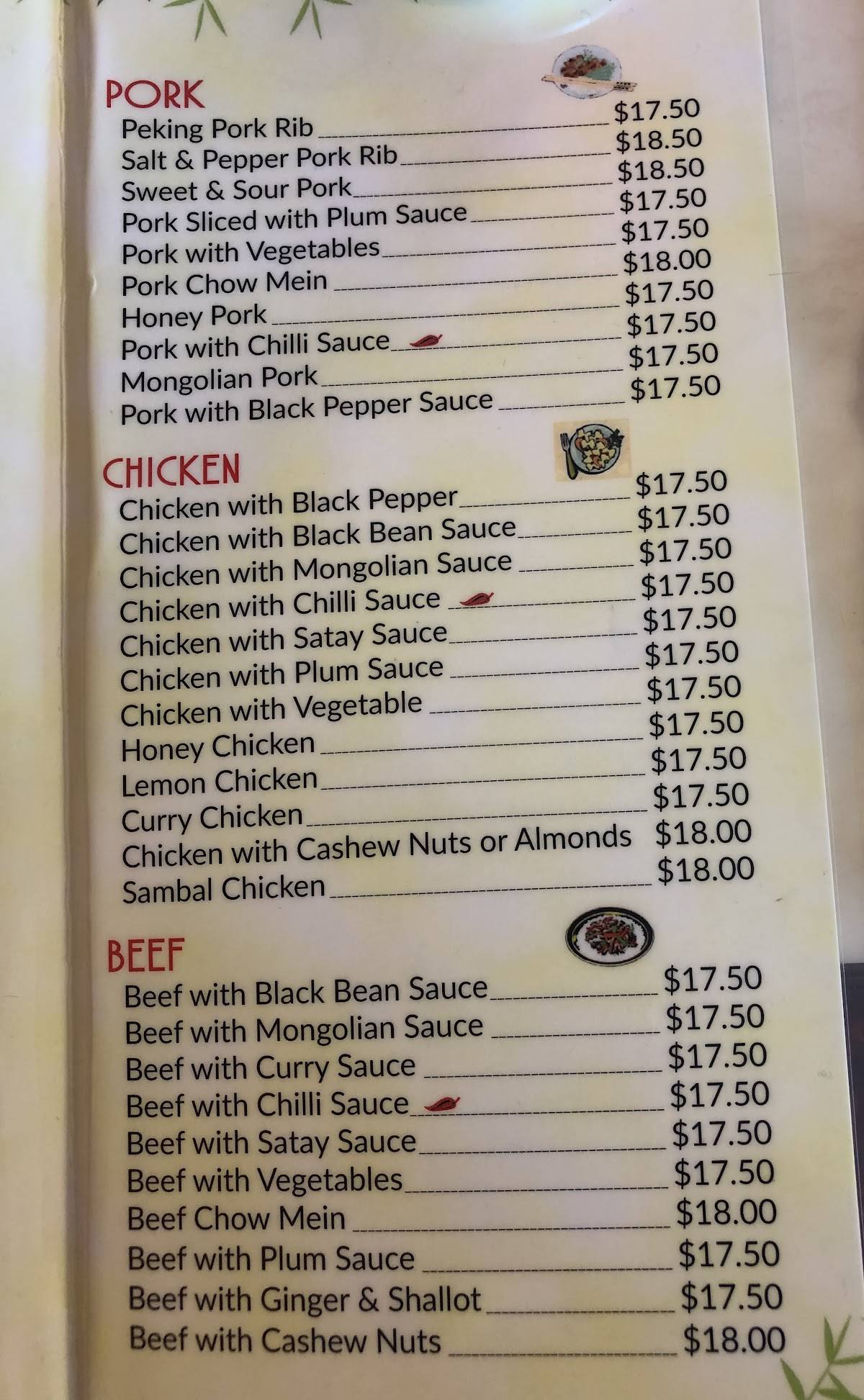 Menu at Chinese Smorgasbord restaurant, Palm Beach