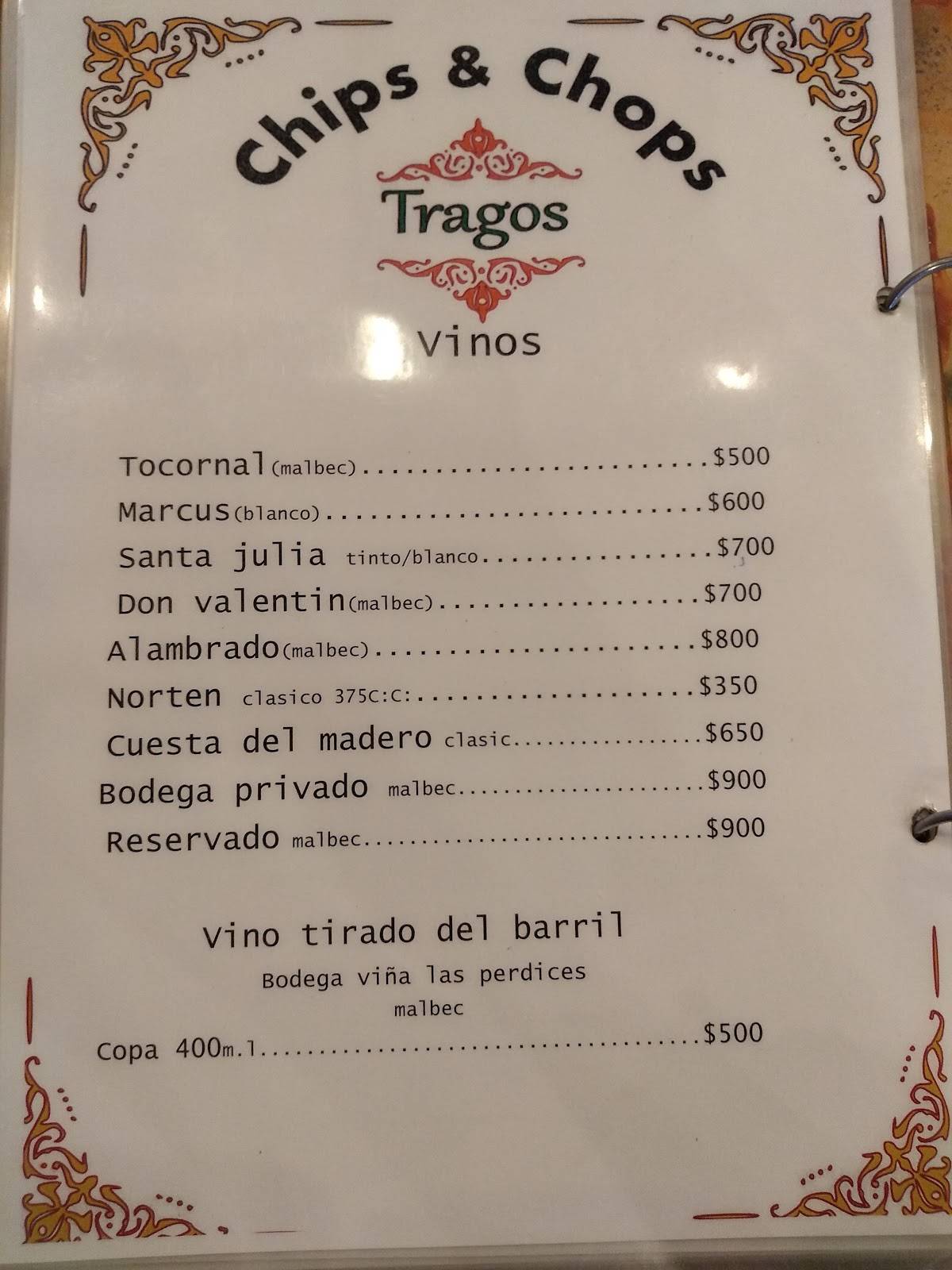 Carta del restaurante Chips & Chops, Las Grutas