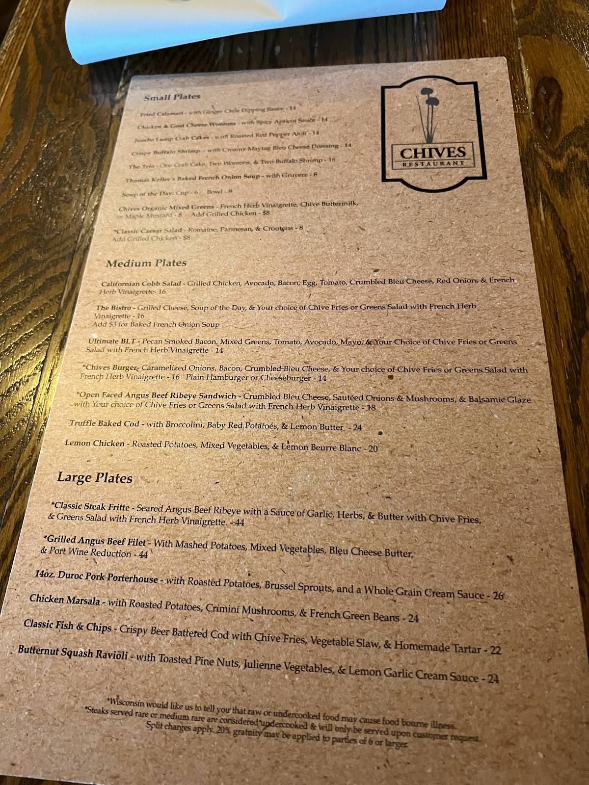 Menu at Chives Restaurant, Suamico