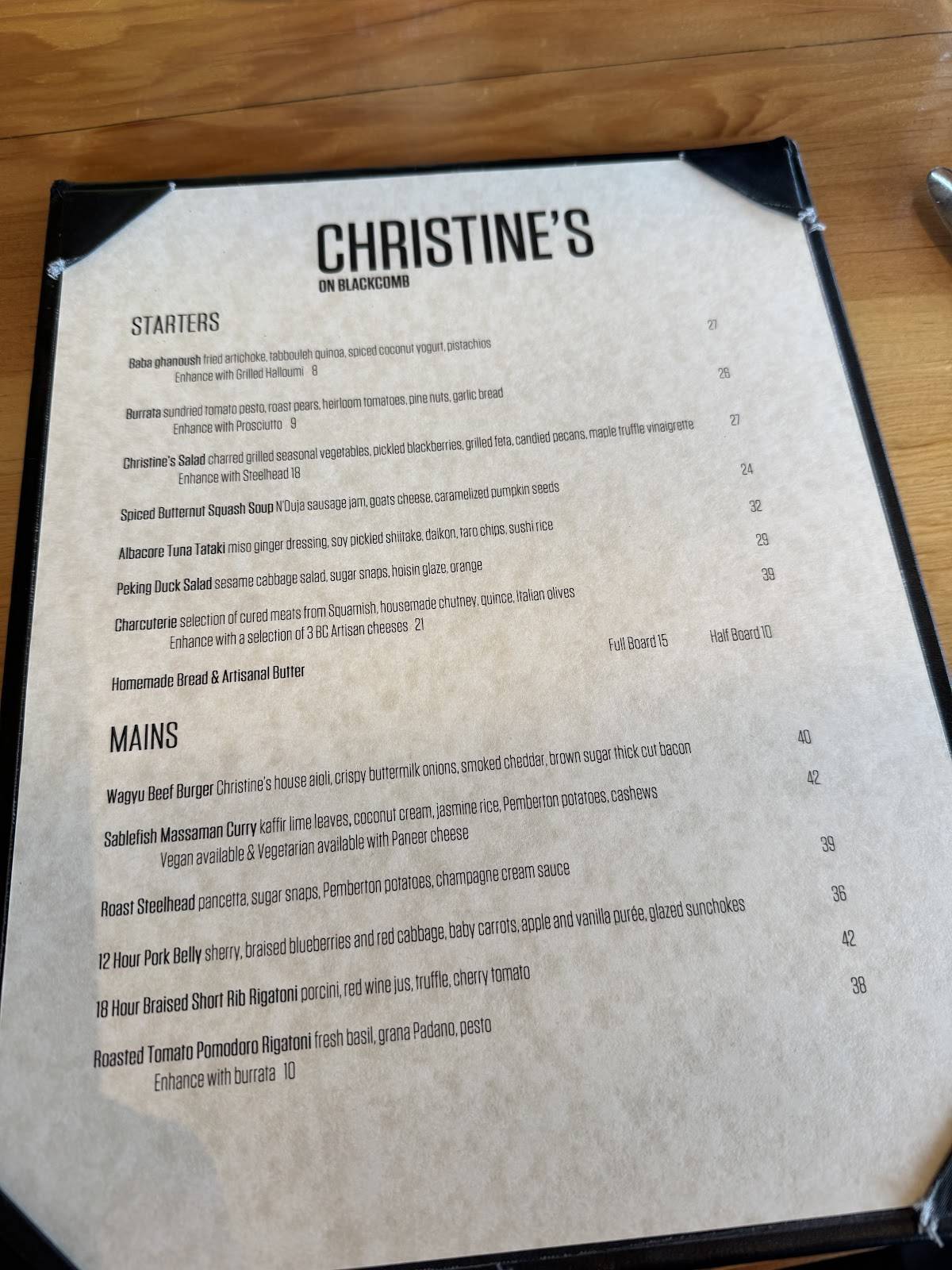 Menu at Christine's On Blackcomb restaurant, Whistler