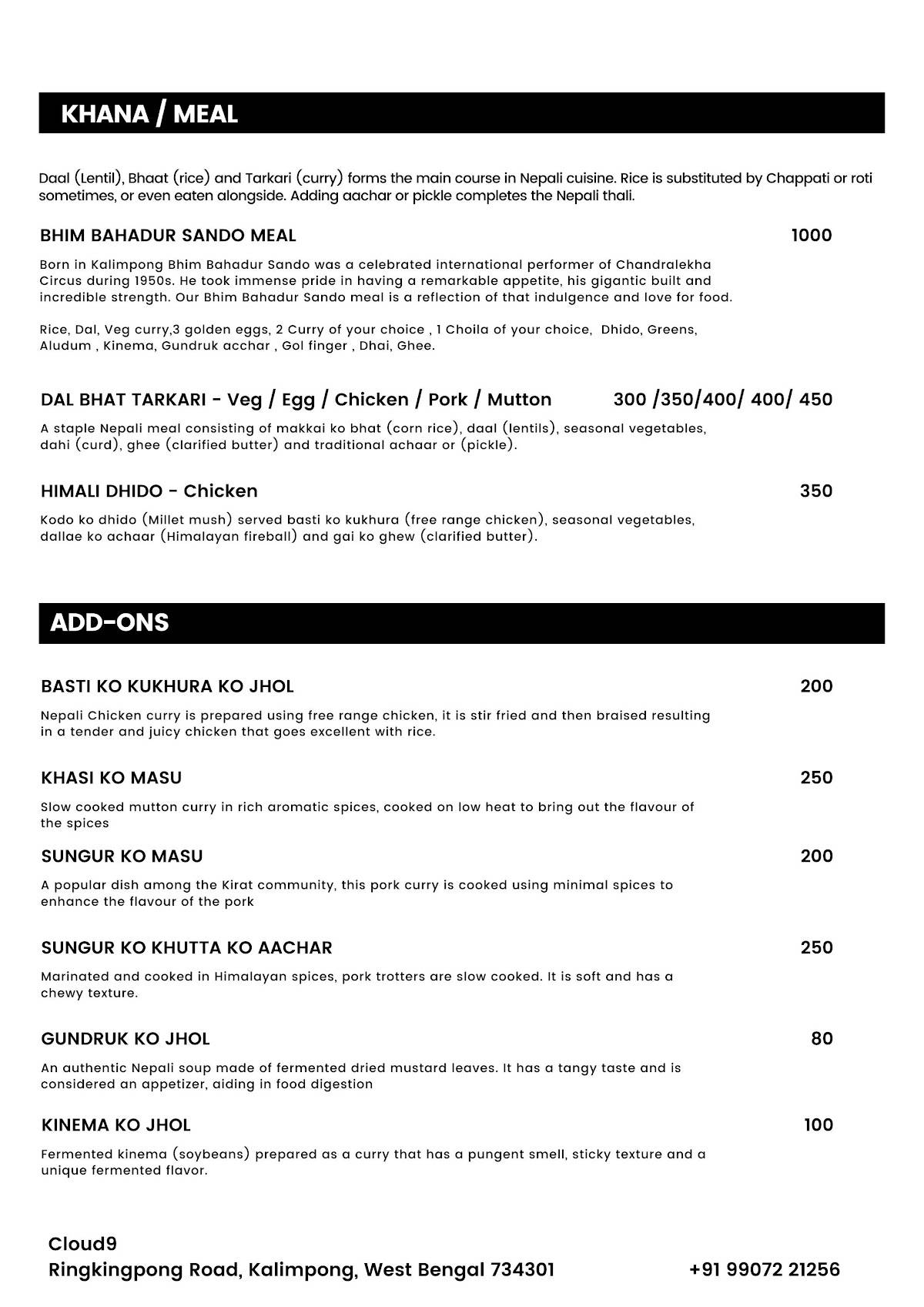 Menu at Cloud 9 Kalimpong - Authentic Nepali Restaurant, Kalimpong