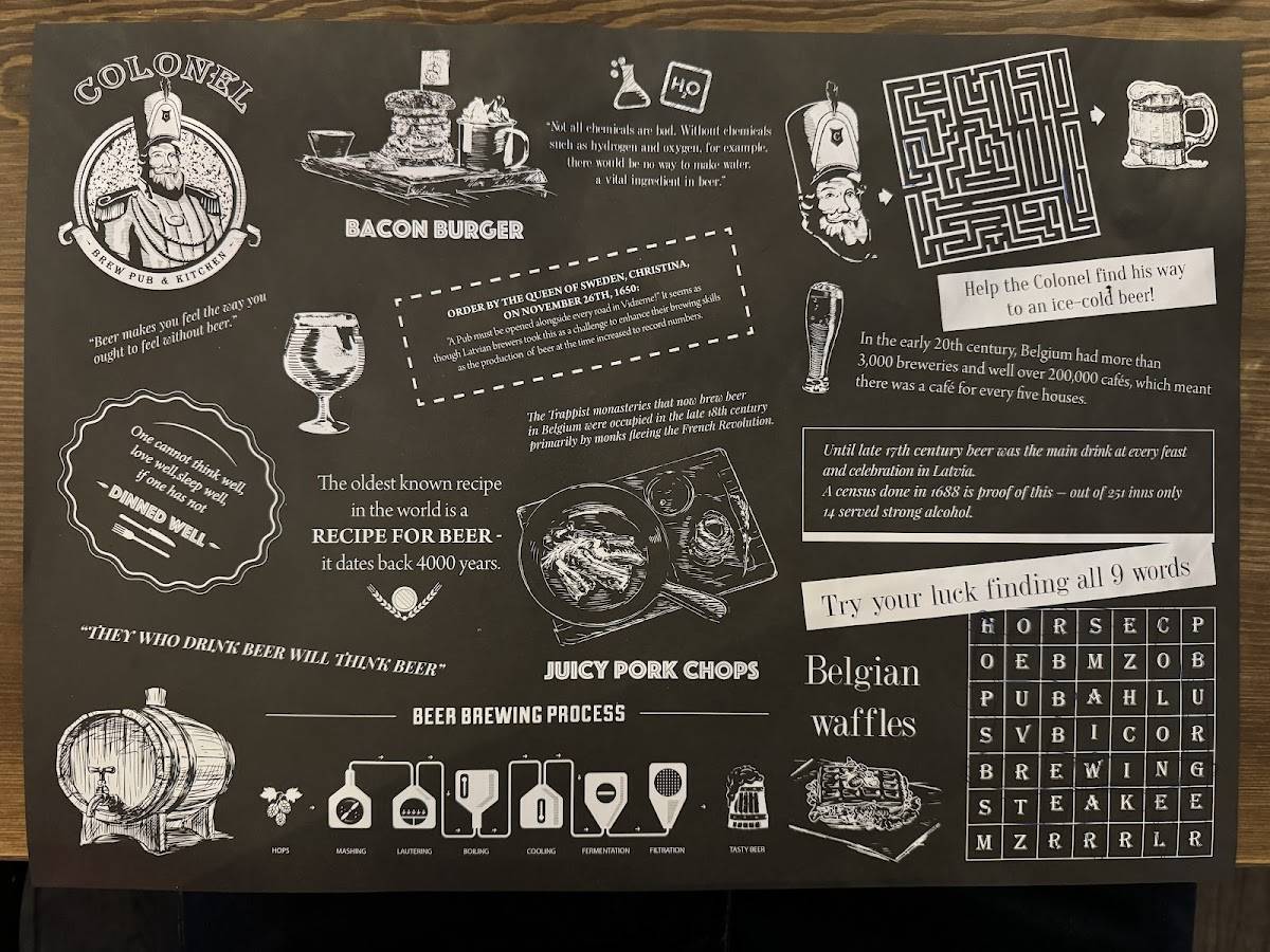 Menu at Colonel, restorāns restaurant, Riga