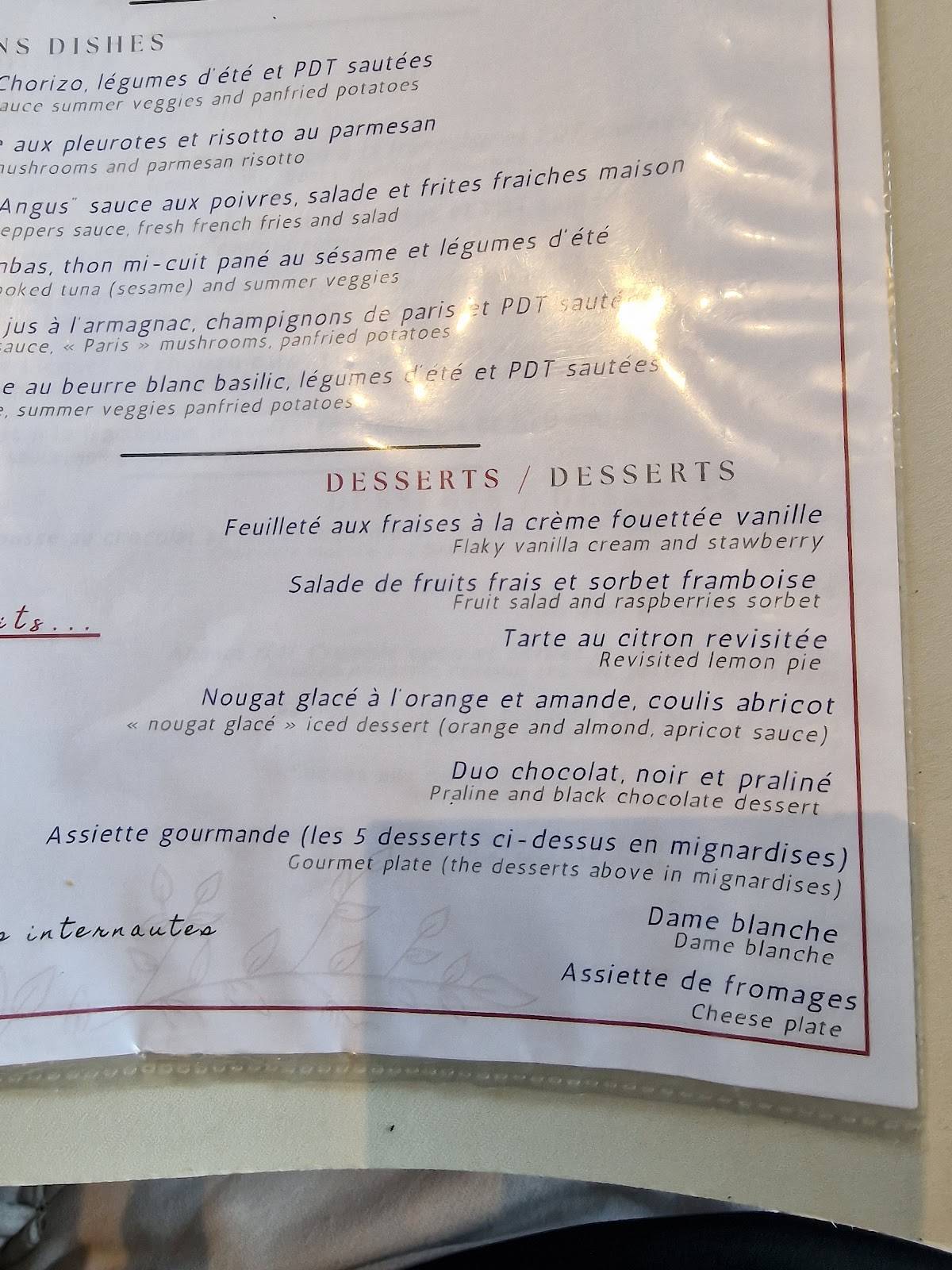Menu au Comme Vous Voulez restaurant, Dunkerque, 58 Digue de Mer