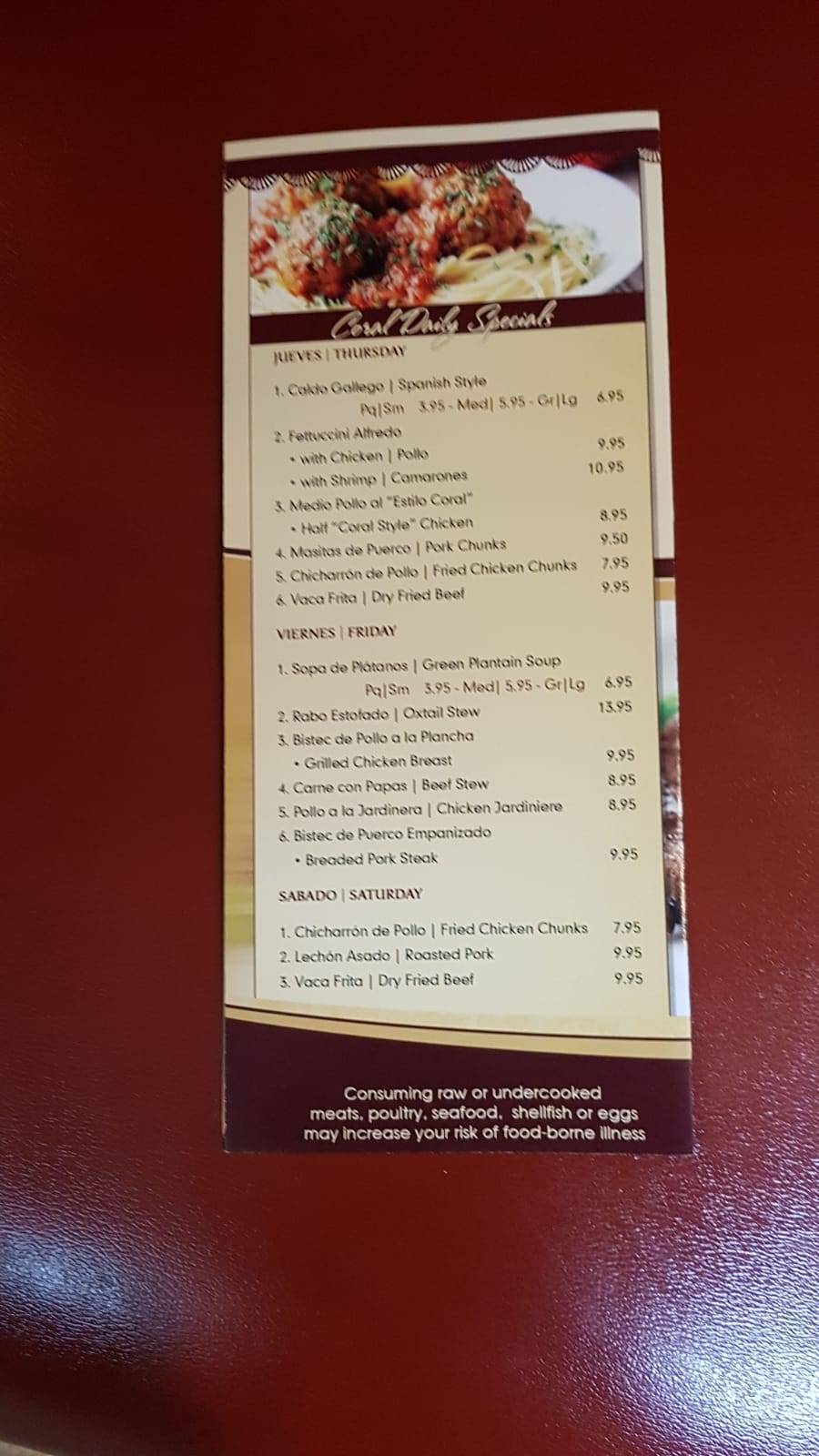 Menu at Coral Restaurant, Miami, NW 82nd Ave