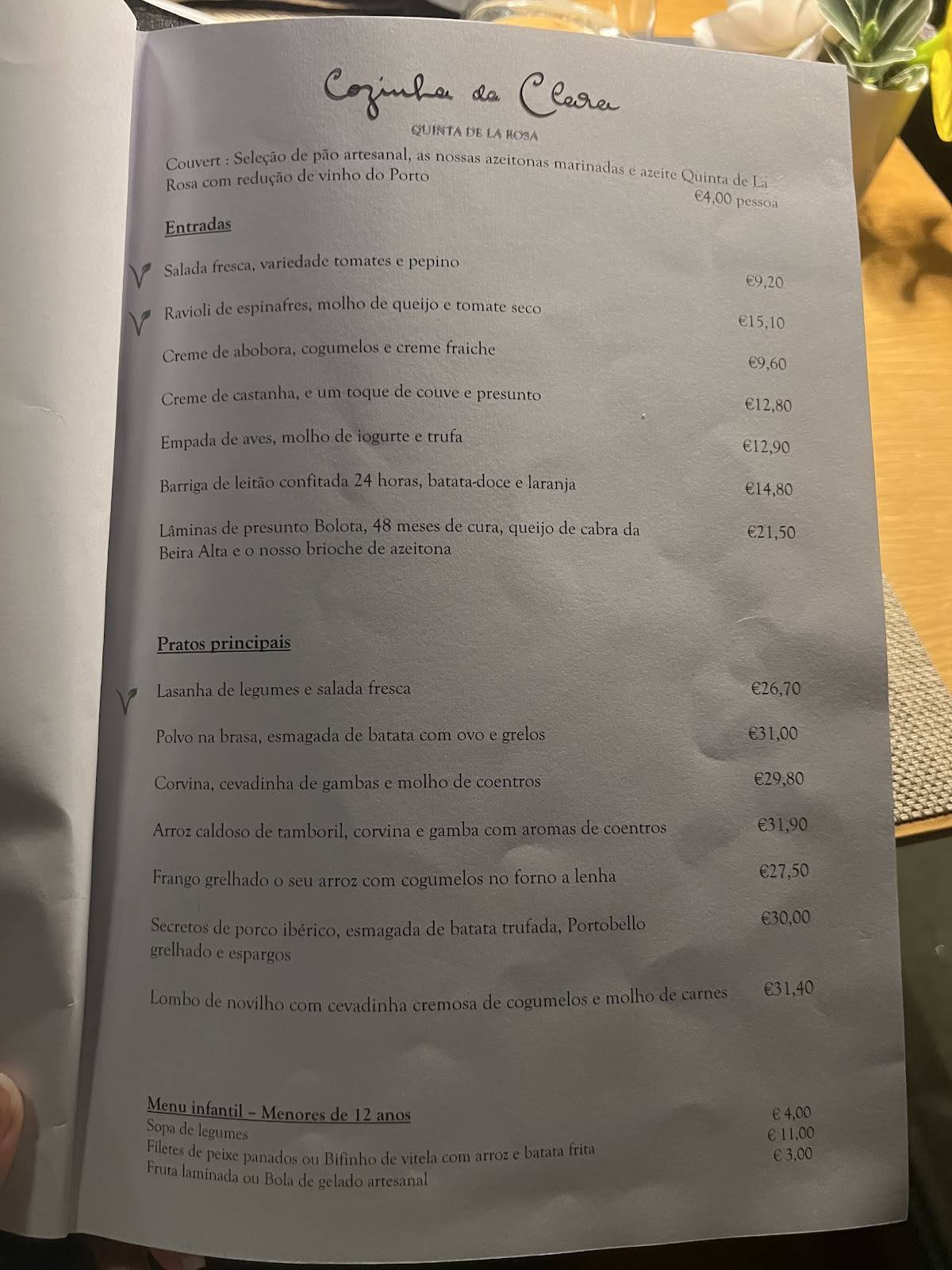 Menu at Cozinha da Clara restaurant, Pinhão
