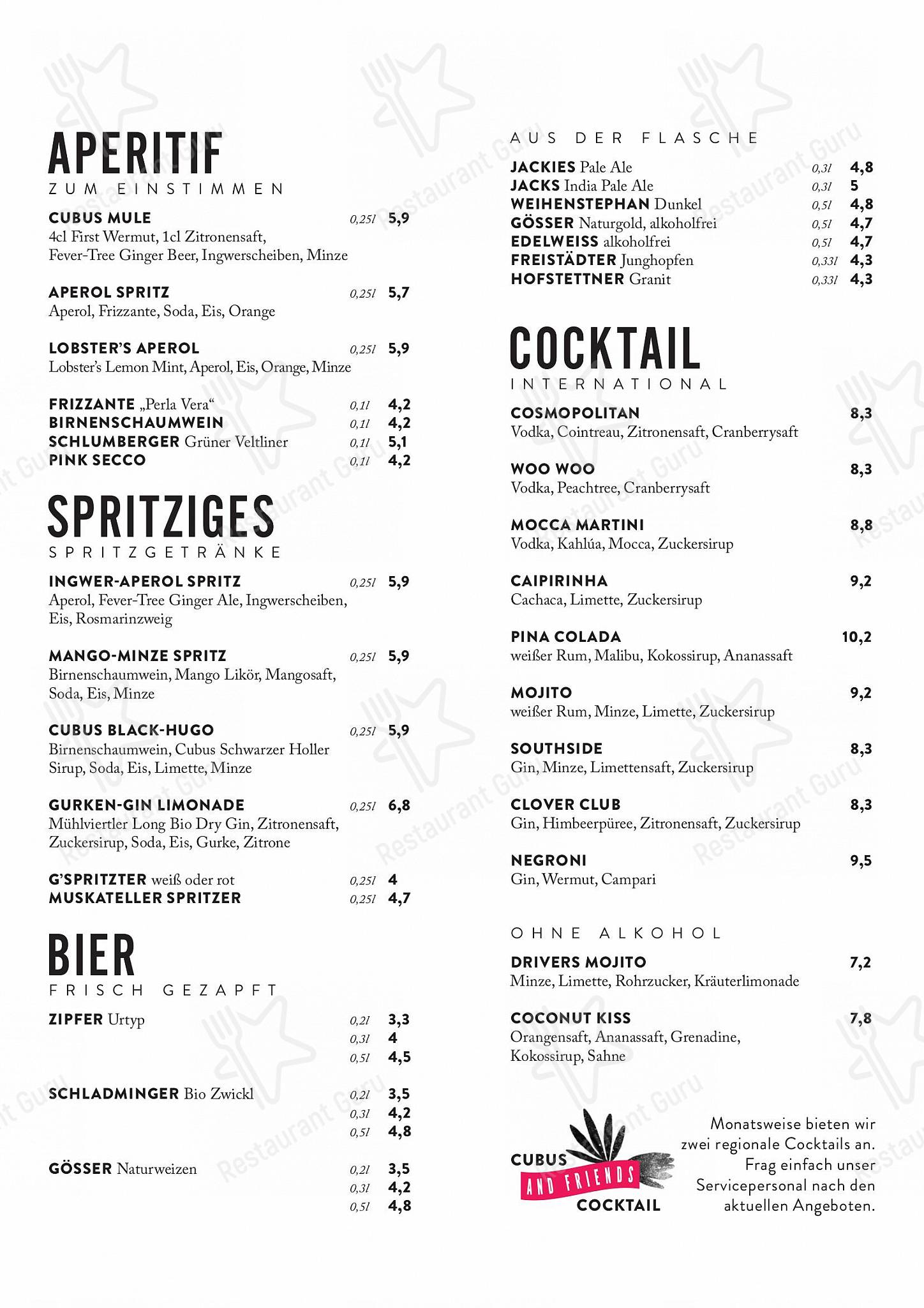 Speisekarte von CUBUS restaurant, Linz