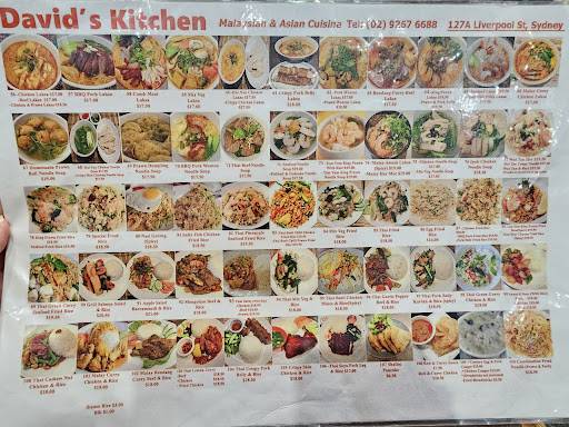 Menu at David's Kitchen restaurant, Sydney, 127 Liverpool St