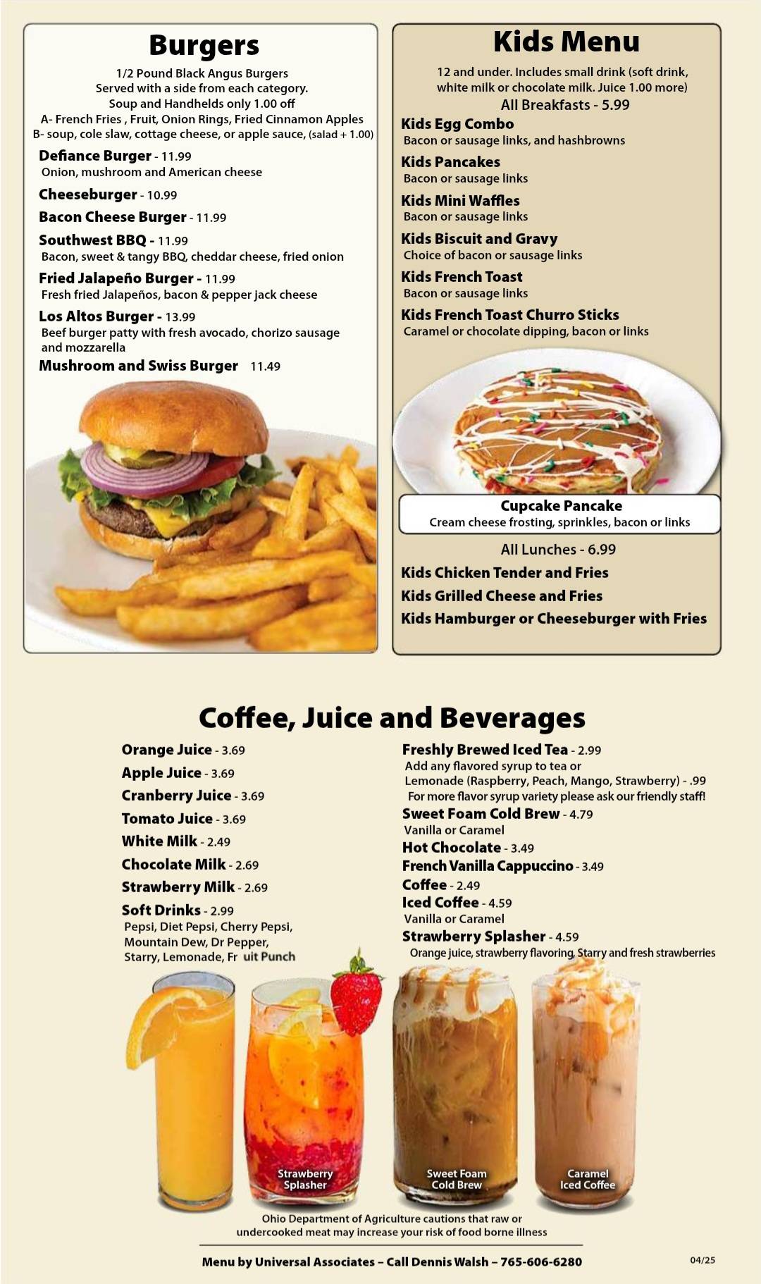 Menu at Defiance Pancake House restaurant, Defiance
