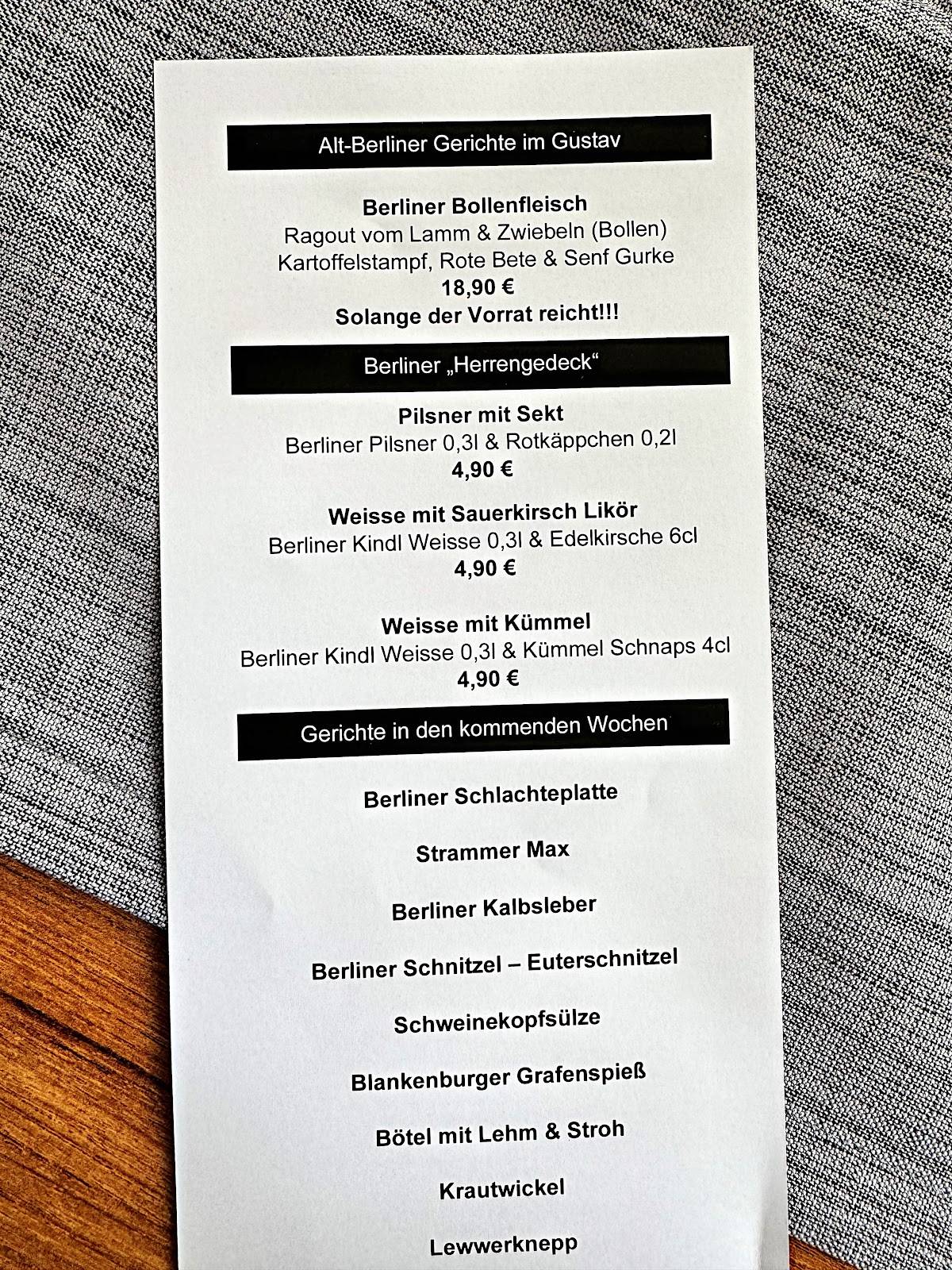 Speisekarte von Der Eiserne Gustav restaurant, Berlin