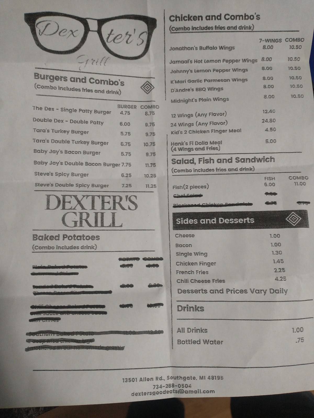 Menu at Dexter's Grill restaurant, Southgate