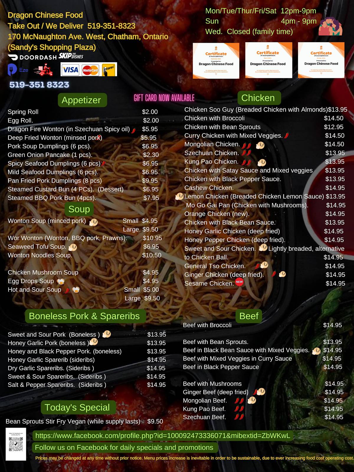 Menu at Dragon Chinese Food restaurant, Chatham-Kent