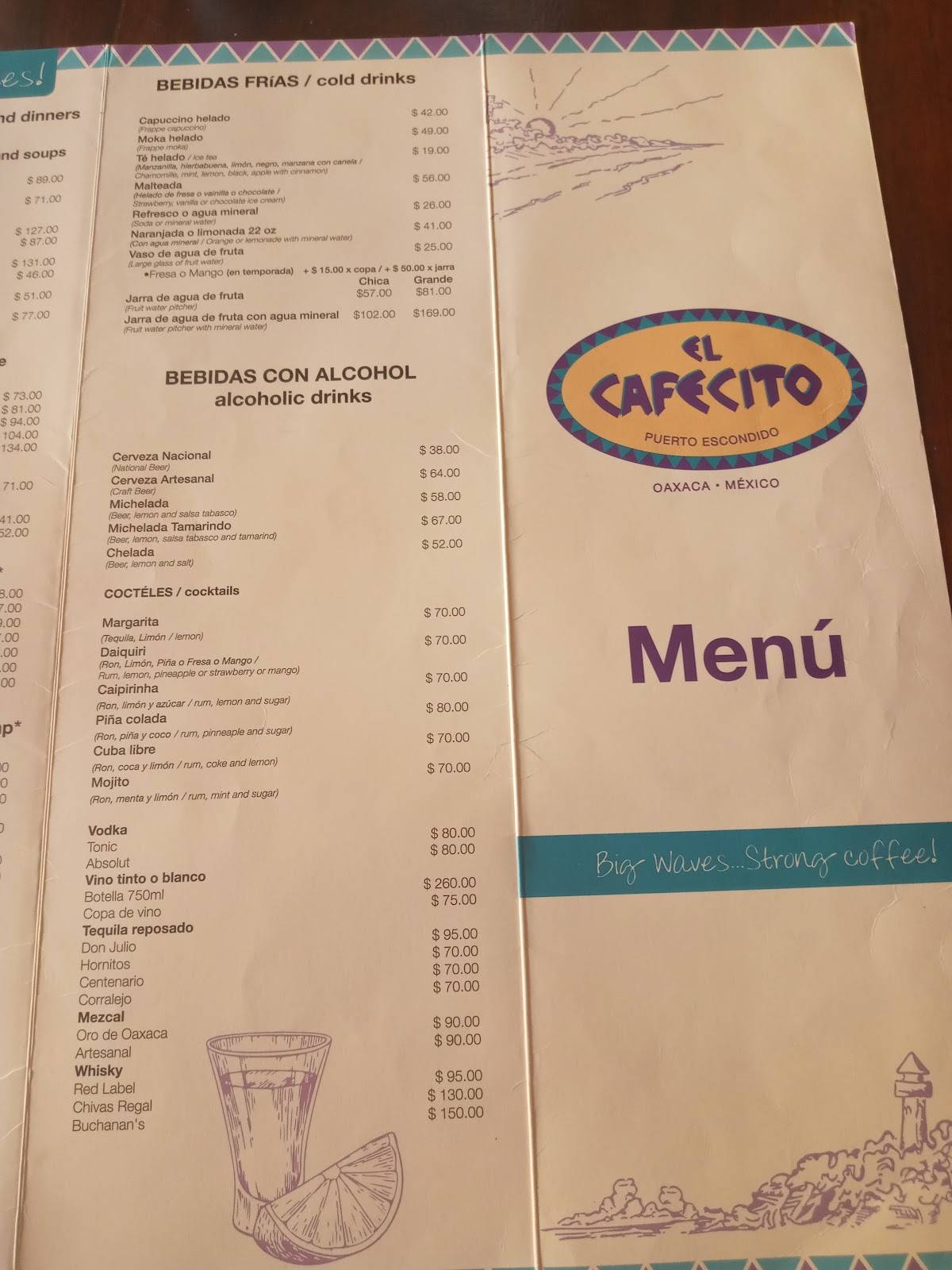 Menu at El Cafecito, Puerto Escondido, Boulevard Benito Juárez 1