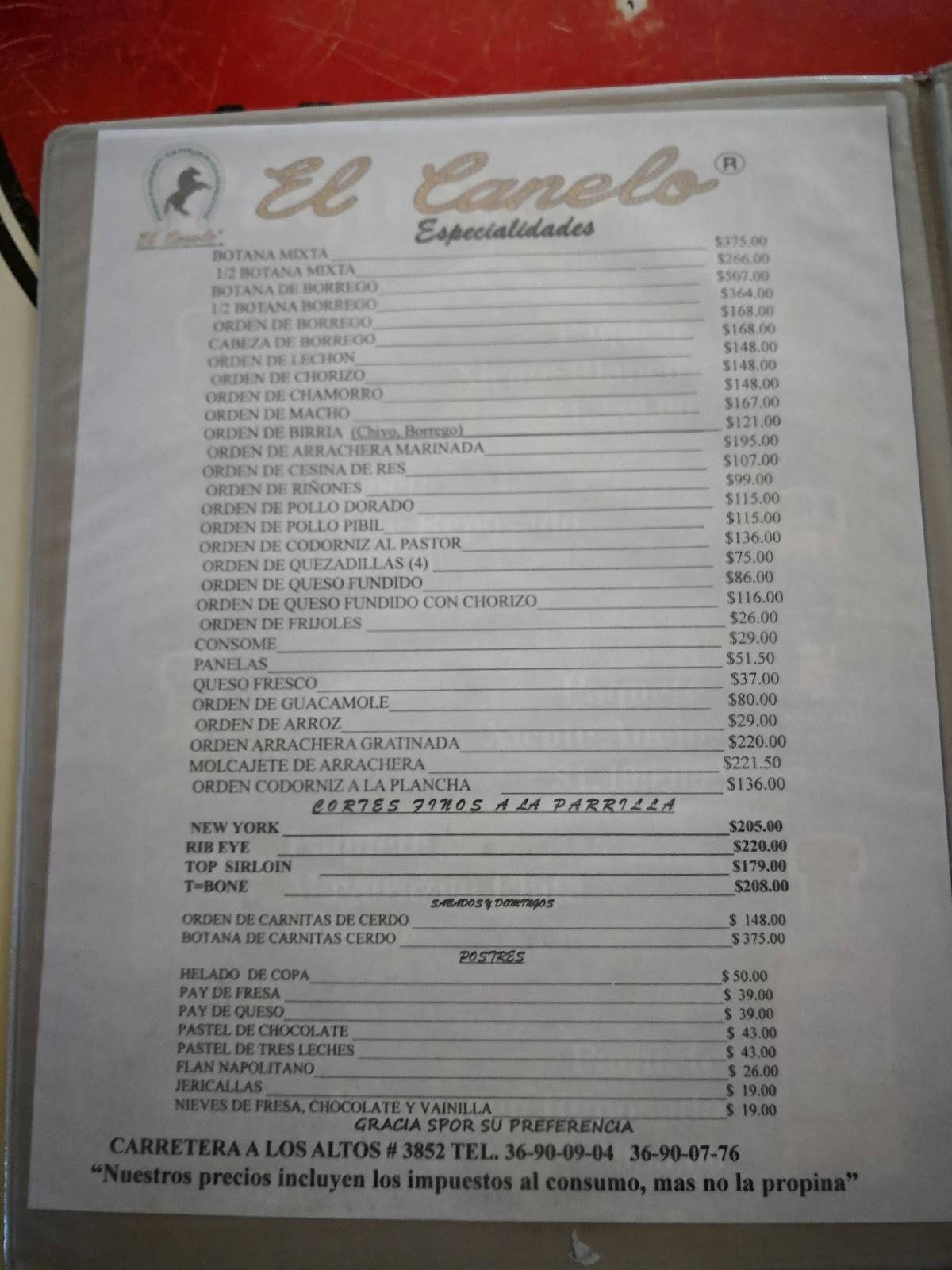 Carta del restaurante El Canelo, San Pedro Tlaquepaque, Carr. libre ...