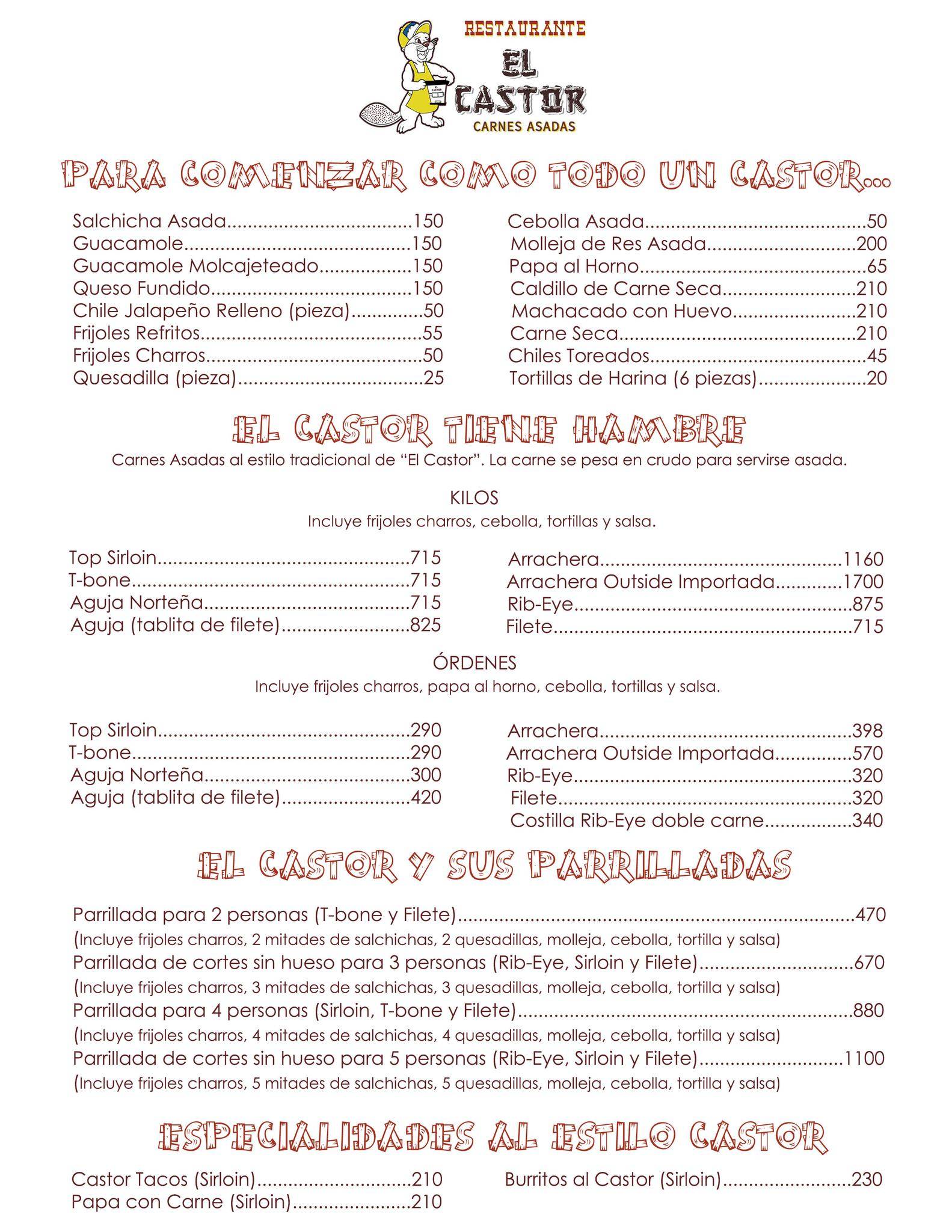 Carta del restaurante El Castor, Monterrey, Blvd. Rogelio Cantú Gomez #1000