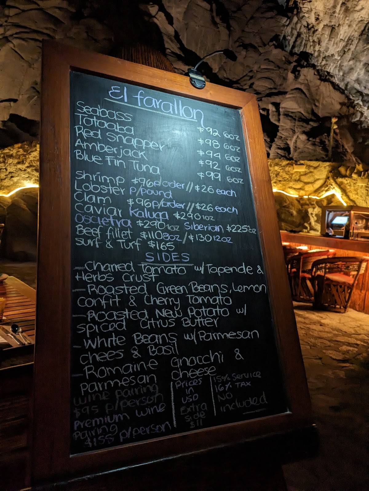 Menu at El Farallon restaurant, Cabo San Lucas, Cam. del Mar 1