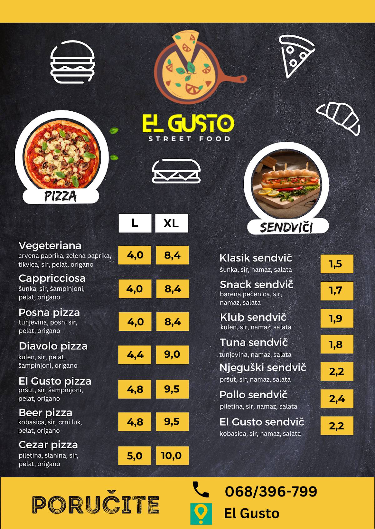 Menu at El Gusto restaurant, Niksic