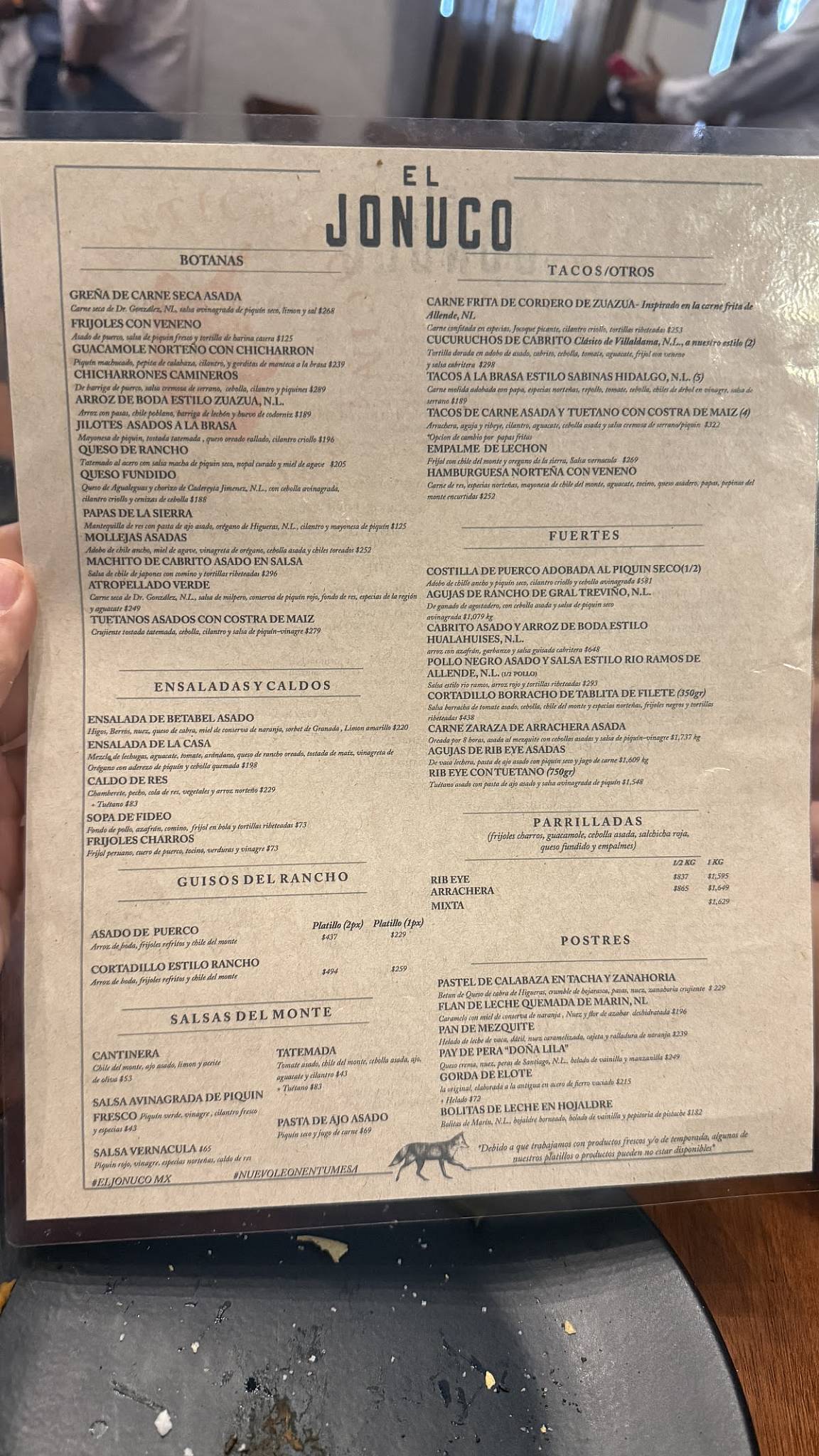 Carta del restaurante El Jonuco, Apodaca