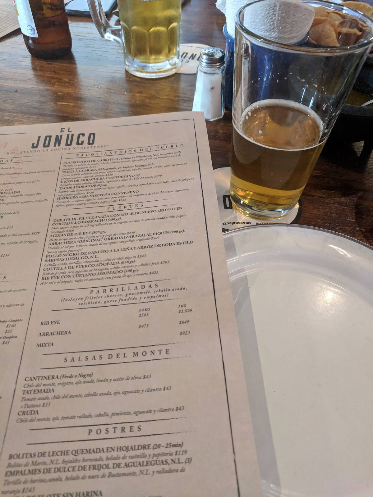 Carta del restaurante El Jonuco, Apodaca