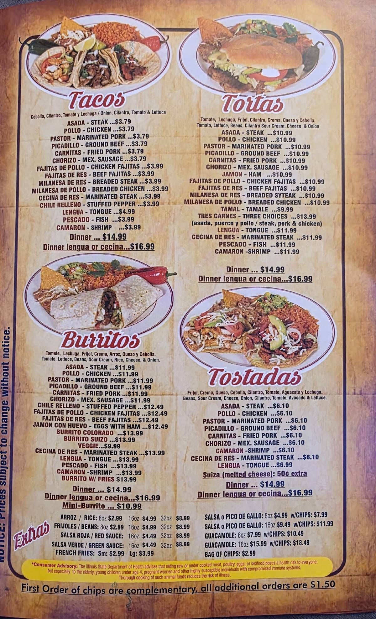Menu at El Monte Taco restaurant, Steger