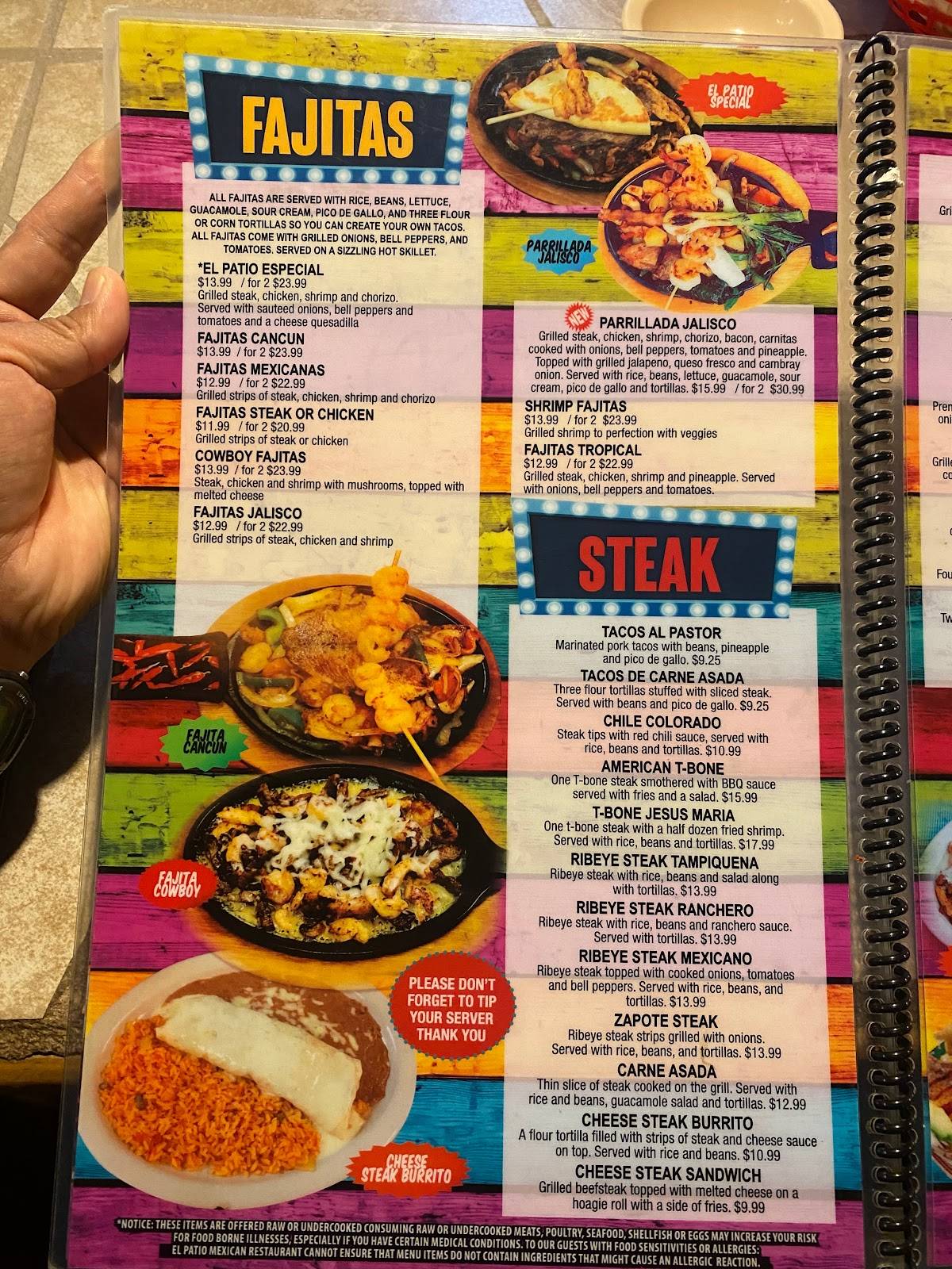 Menu at El Patio Mexican restaurant, Canton