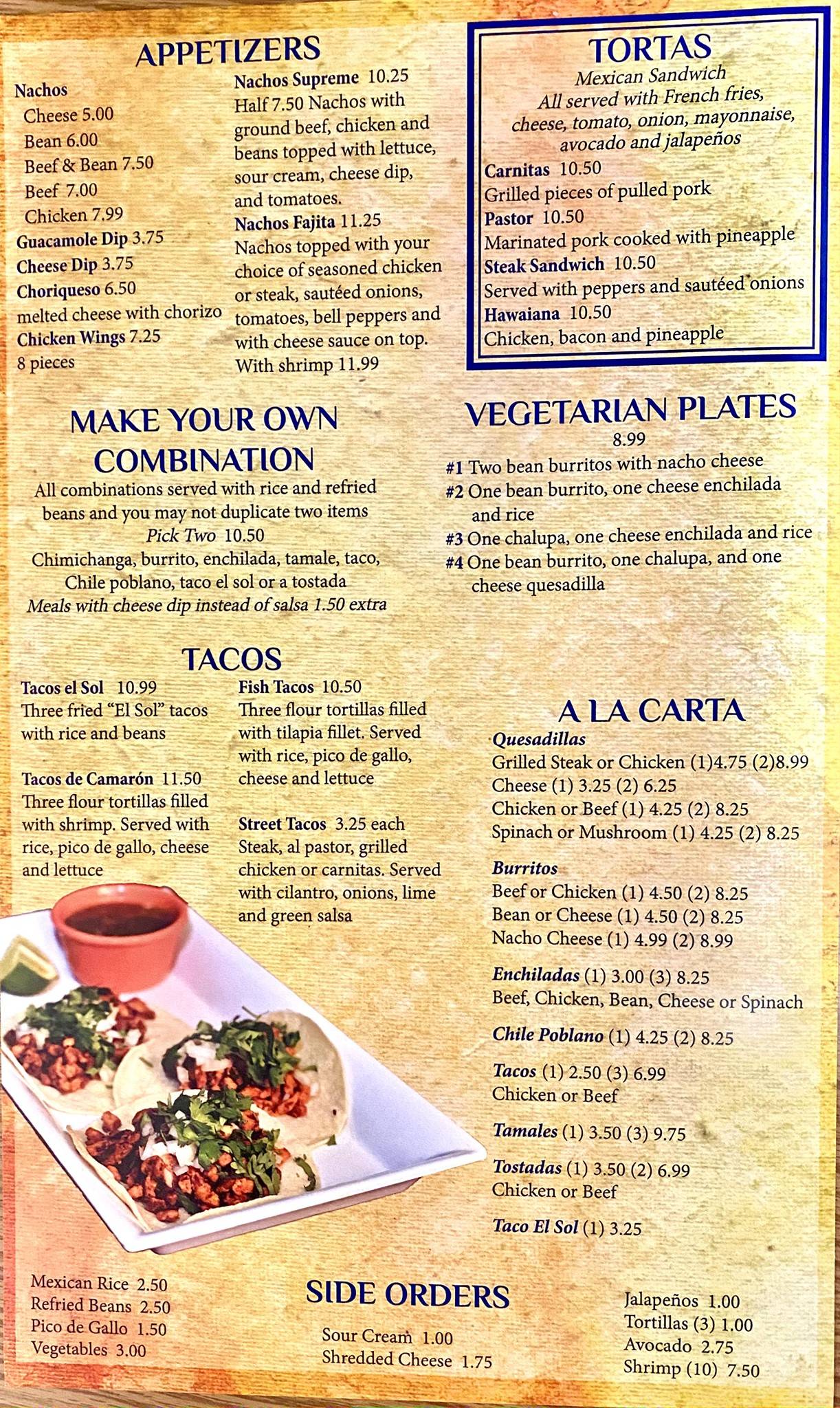 Menu at El Sol Mexican Restaurant, Sullivan