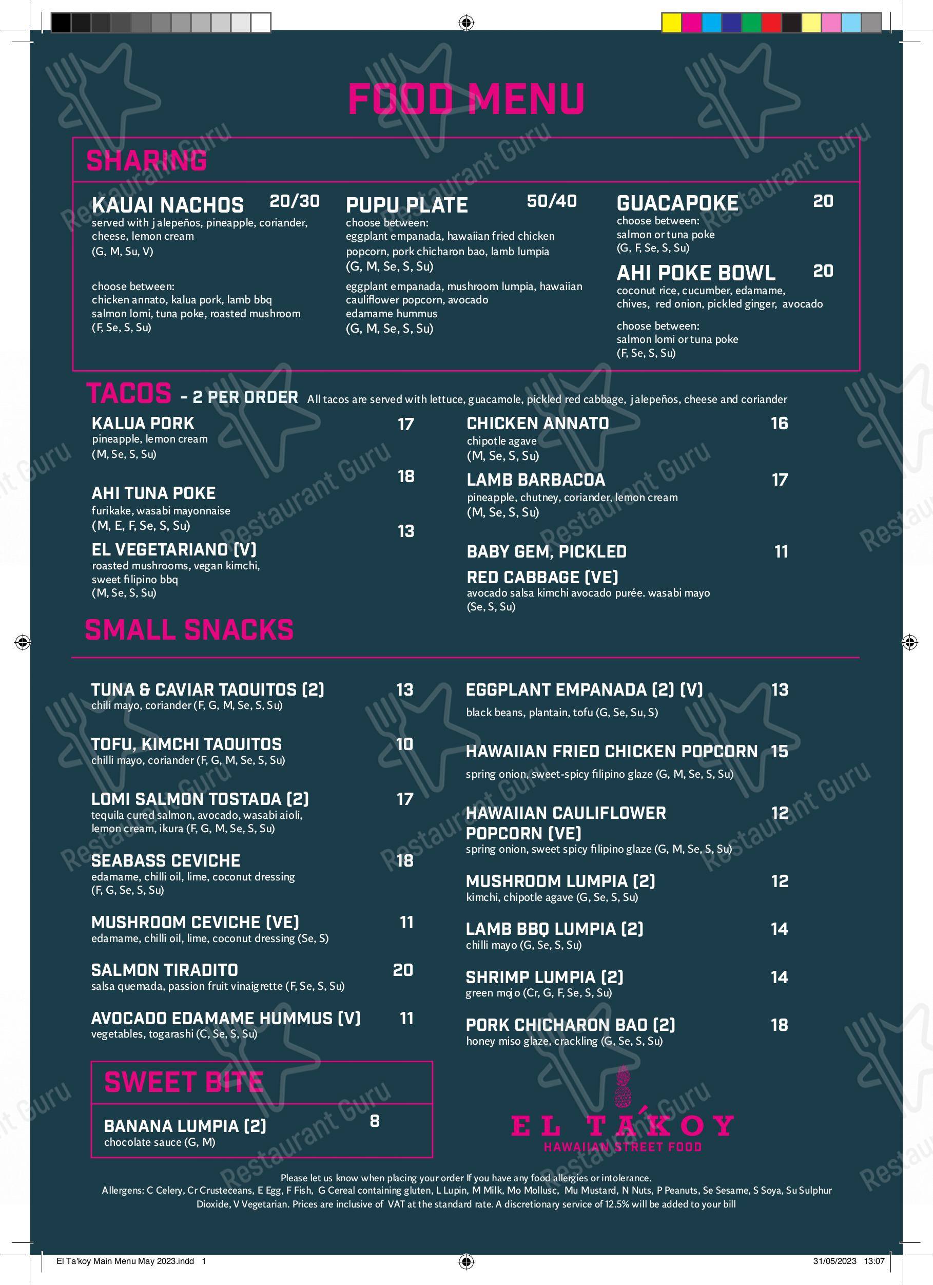 Carta del restaurante El Ta'Koy, Reino Unido