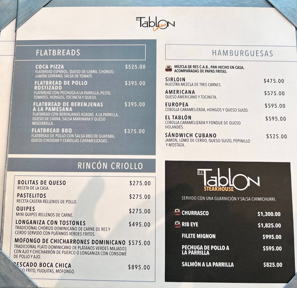 Carta del restaurante El Tablon Latino, Santiago De Los Caballeros, C. Del Sol #12