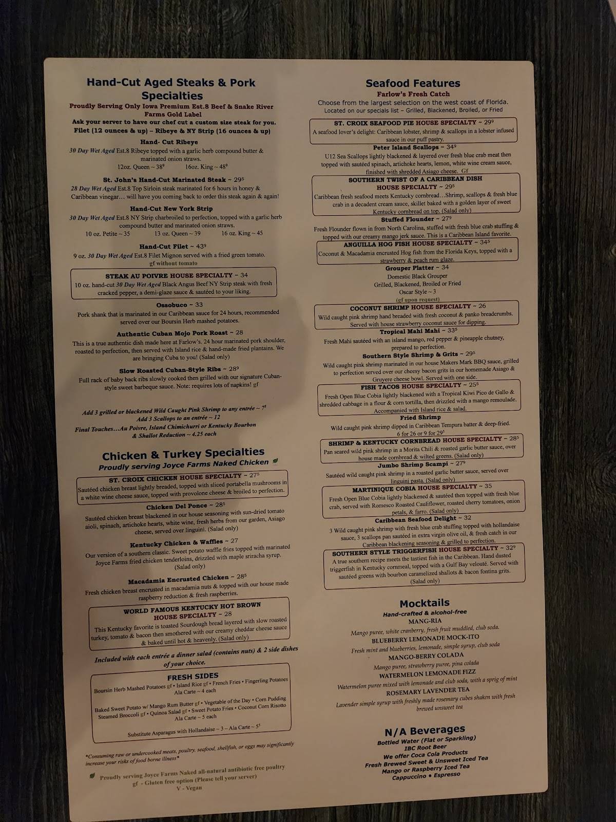 Menu at Farlows on the Water restaurant, Englewood
