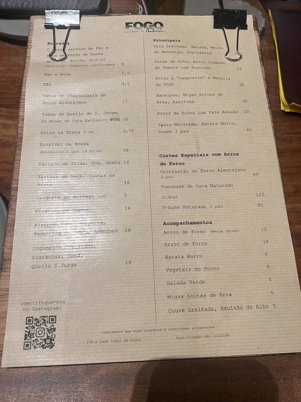 Menu at Fogo by Alexandre Silva restaurant, Lisbon