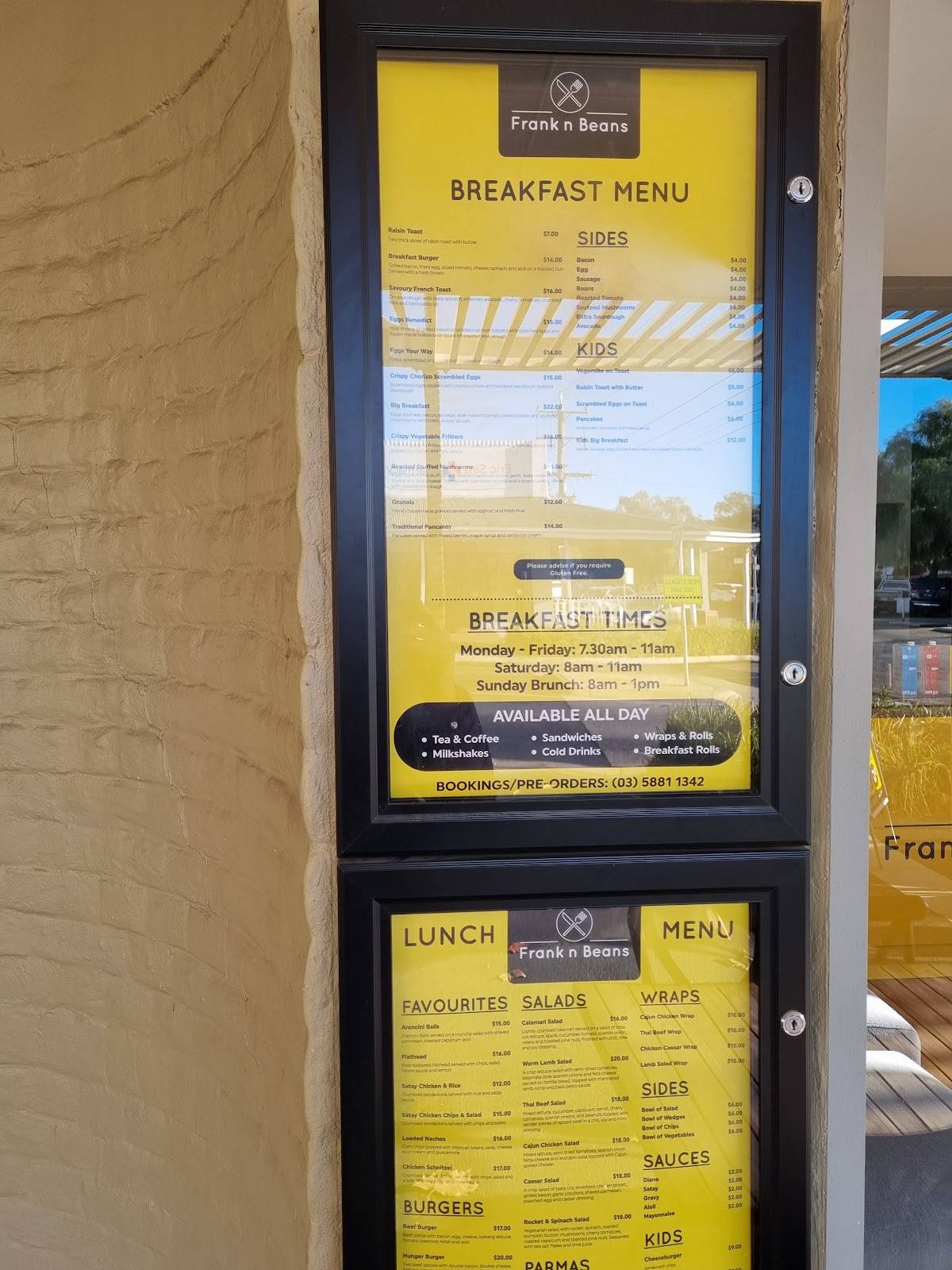 Menu at Frank n Beans restaurant, Deniliquin