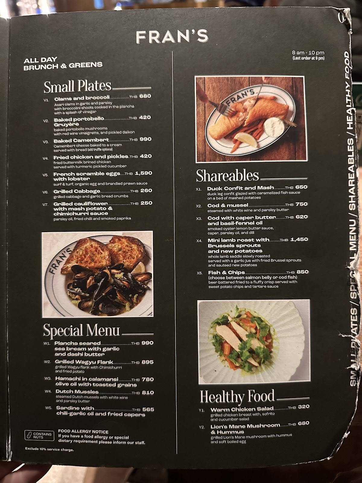 Menu at Fran's restaurant, Bangkok