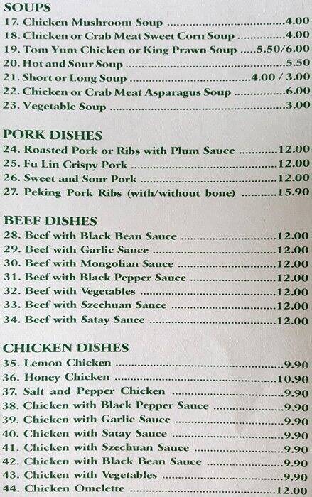 Menu at Fu Lin restaurant, Goodwood