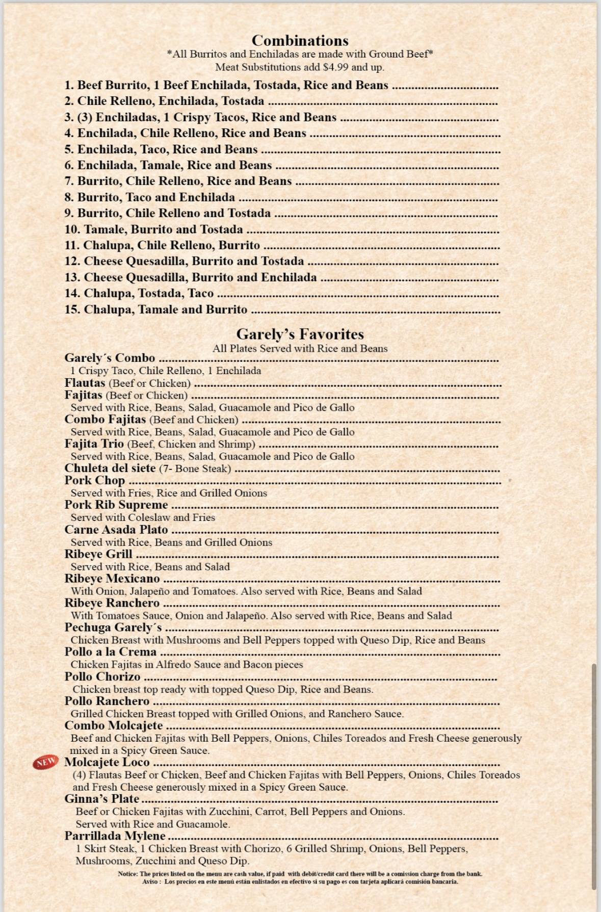 Menu at Garely's Mexican Restaurant Odessa # 2, Odessa