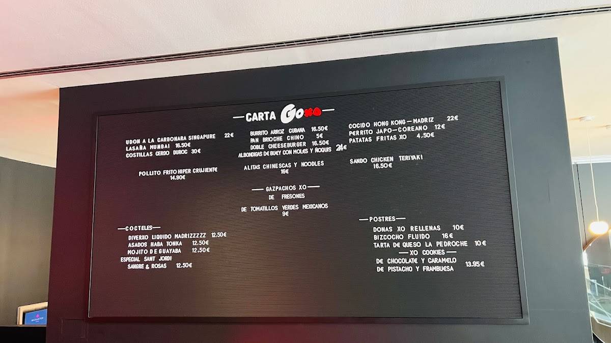 Carta del restaurante GoXO, Barcelona