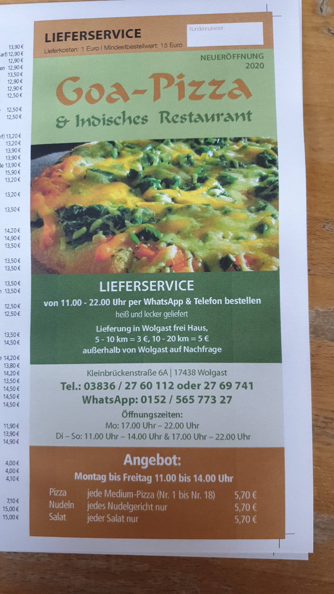 Speisekarte von Goa-pizza & indische restaurant, Wolgast